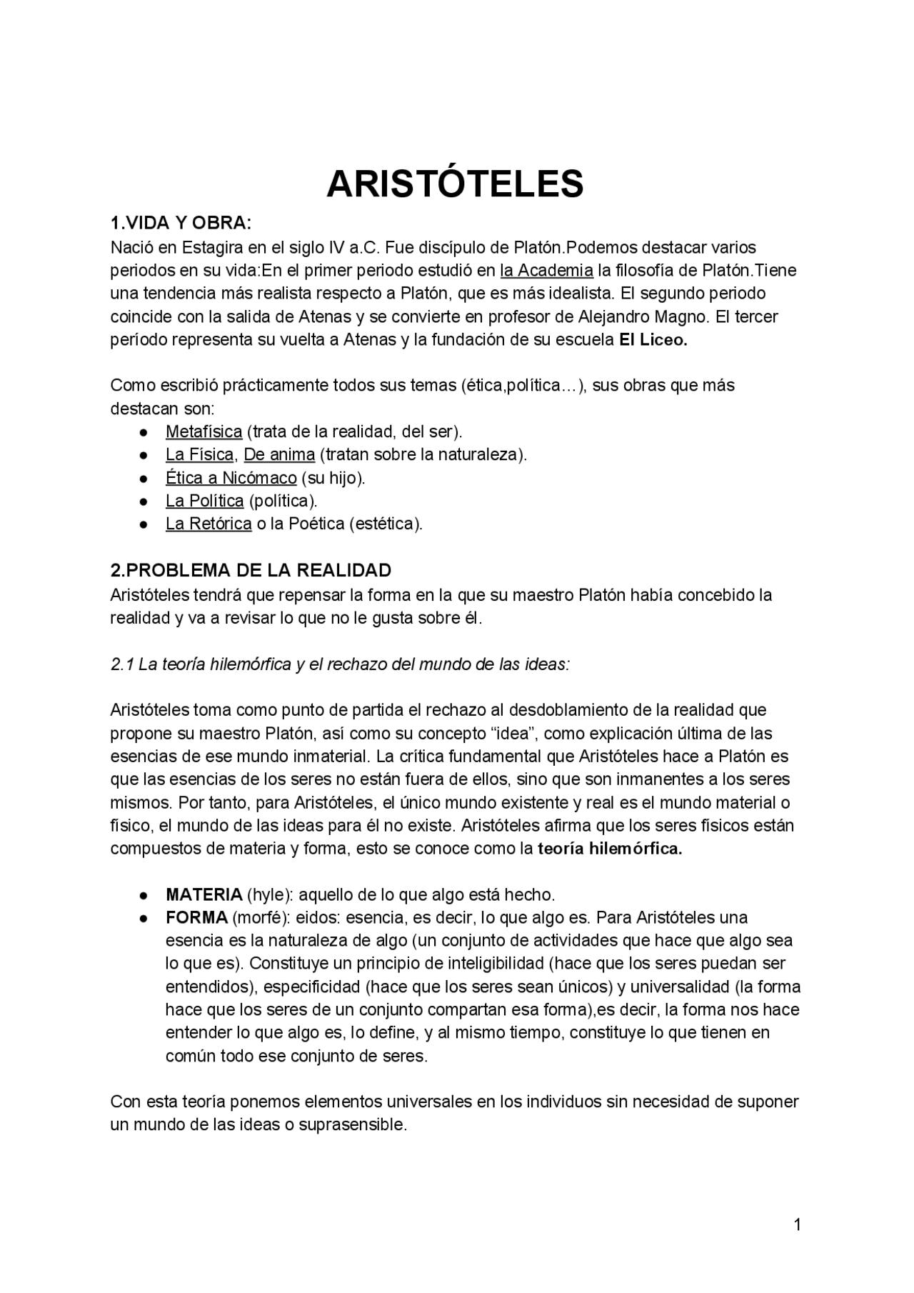 AristÓteles Segundo De Bachillerato Docsity