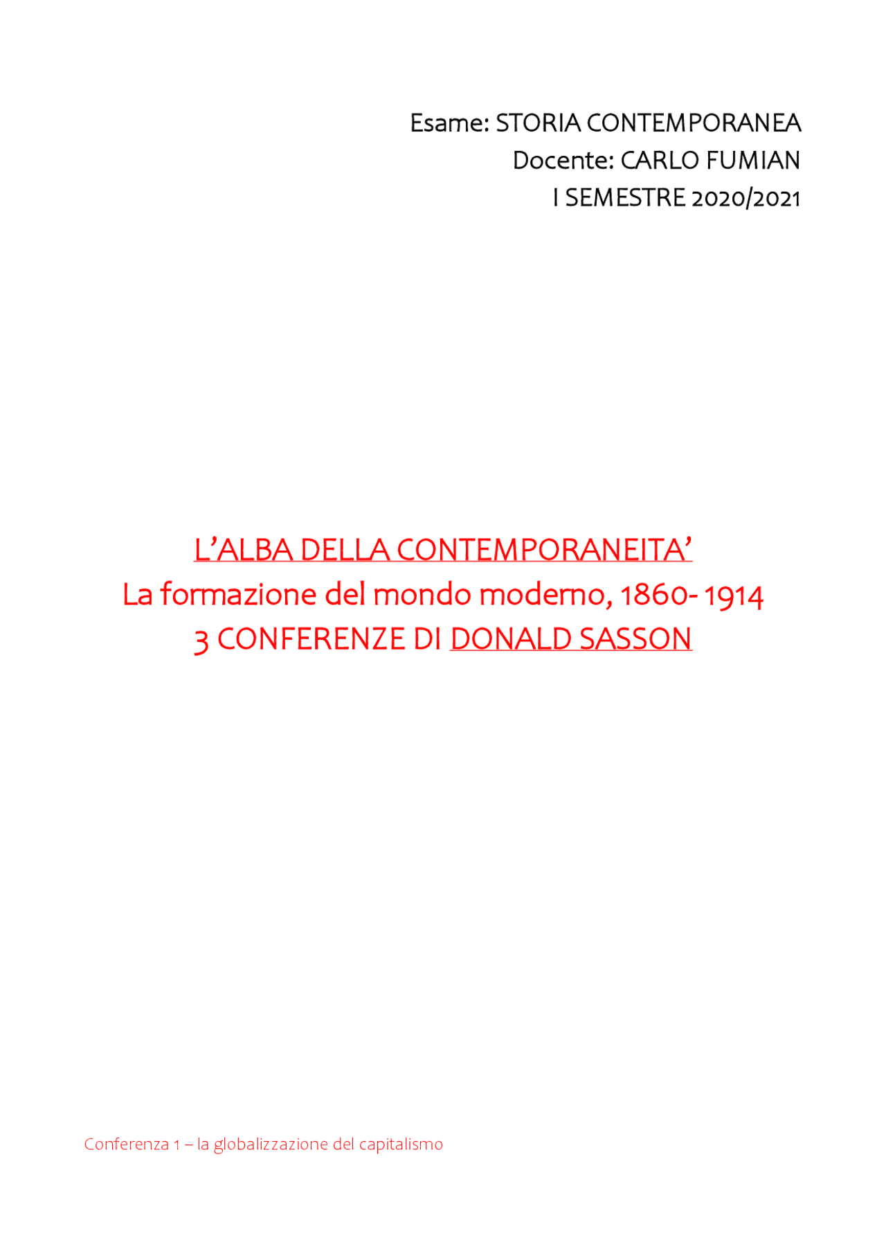 DONALD SASSOON L'ALBA DELLA CONTEMPORANEITA' - Docsity