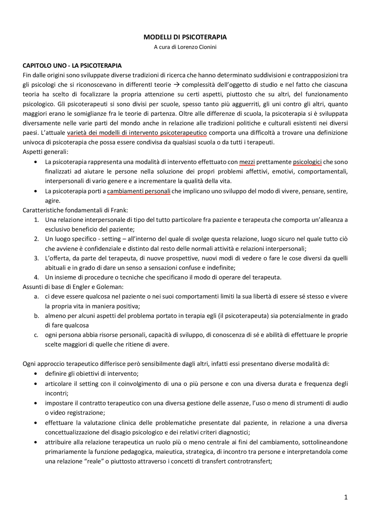 Modelli Di Psicoterapia Docsity