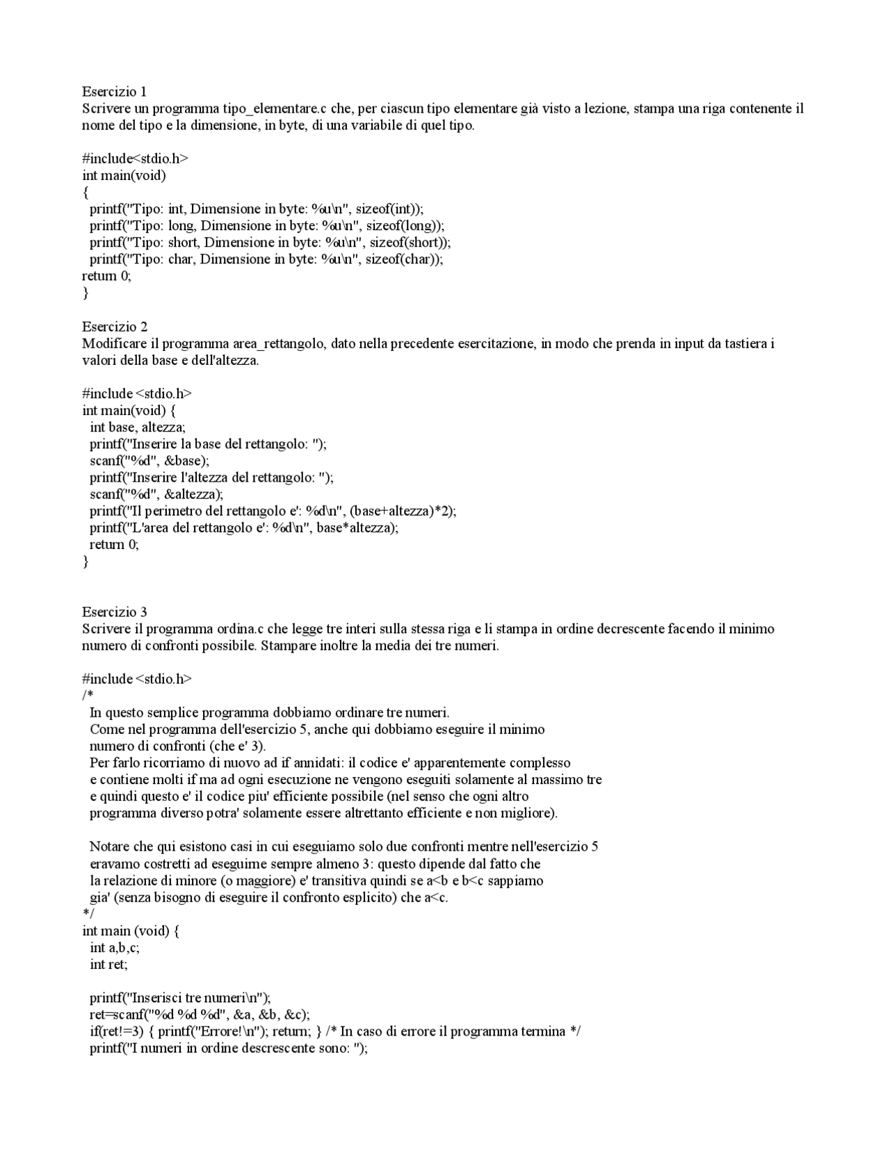Esercitazione Linguaggio C Docsity