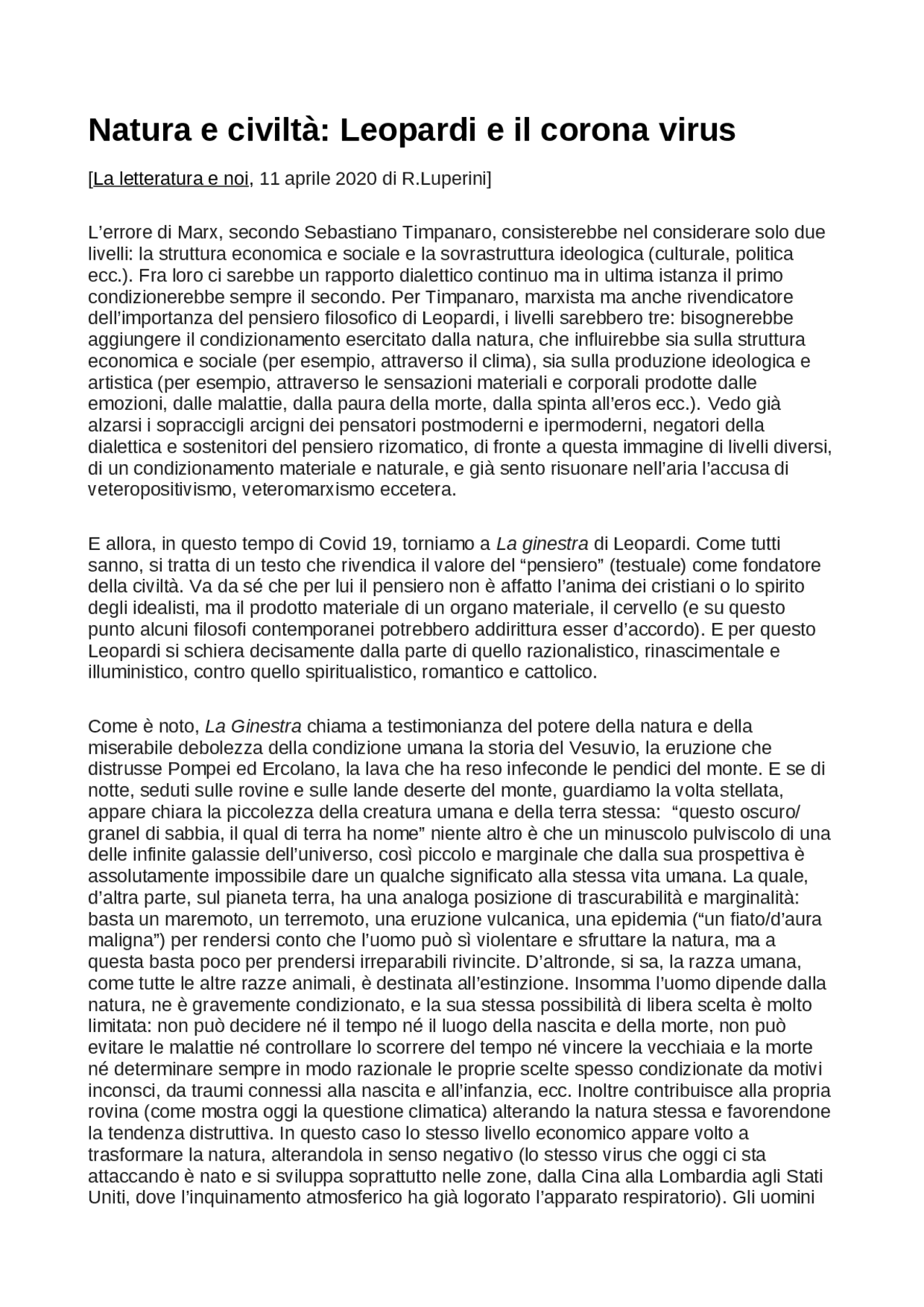 Natura E Civiltà Articolo Di Rluperini Docsity