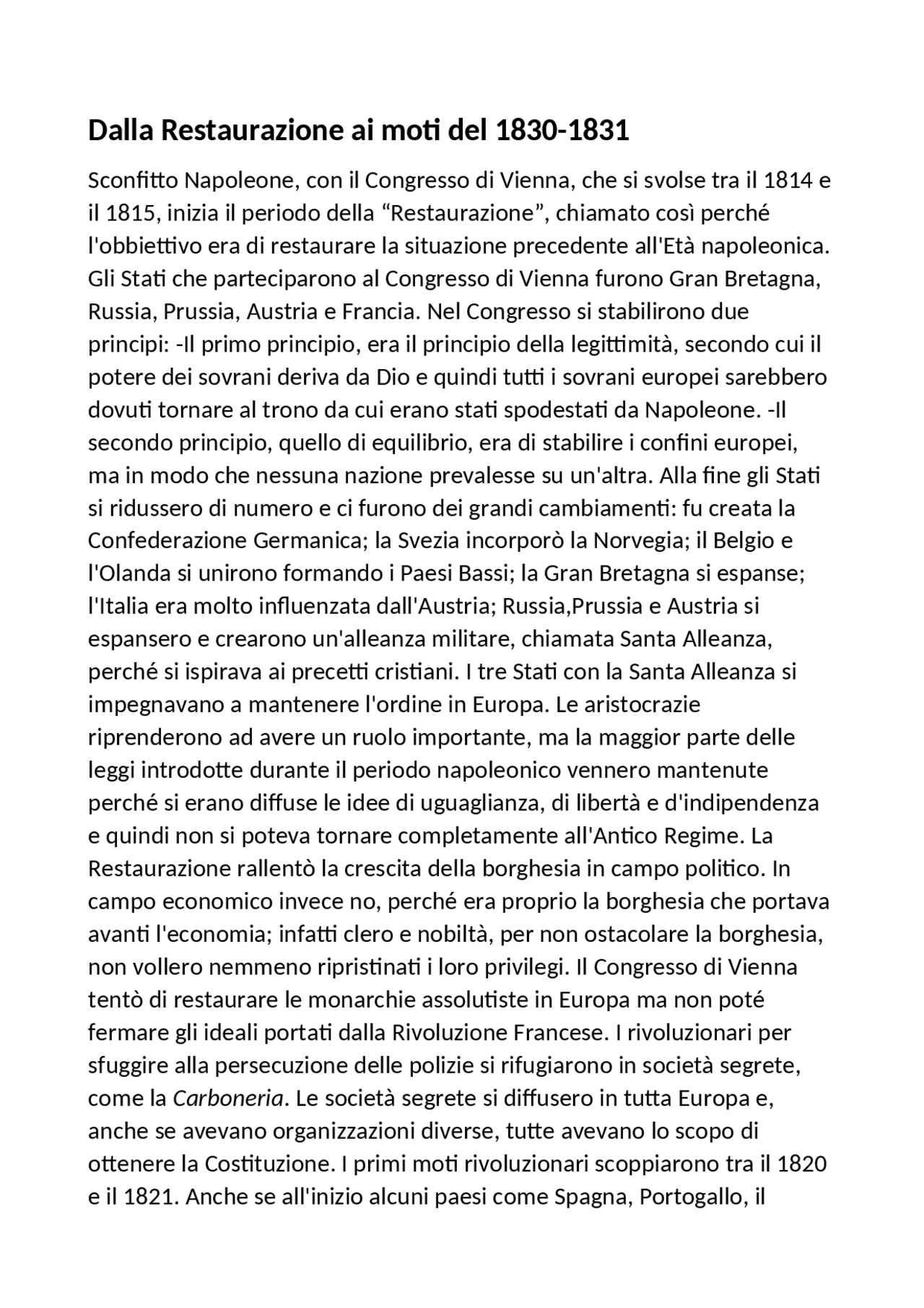 Sintesi Storia Dalla Restaurazione Ai Moti Del 1830 1831 Docsity
