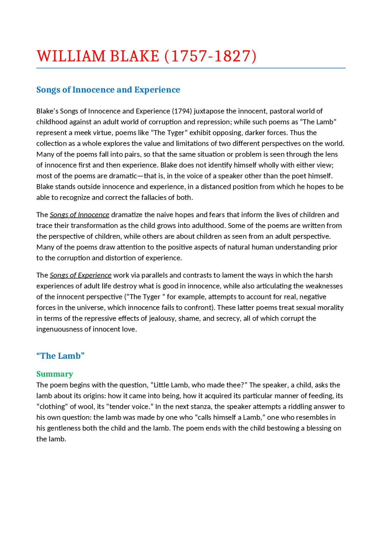 WILLIAM BLAKE- LETTERATURA INGLESE - Docsity