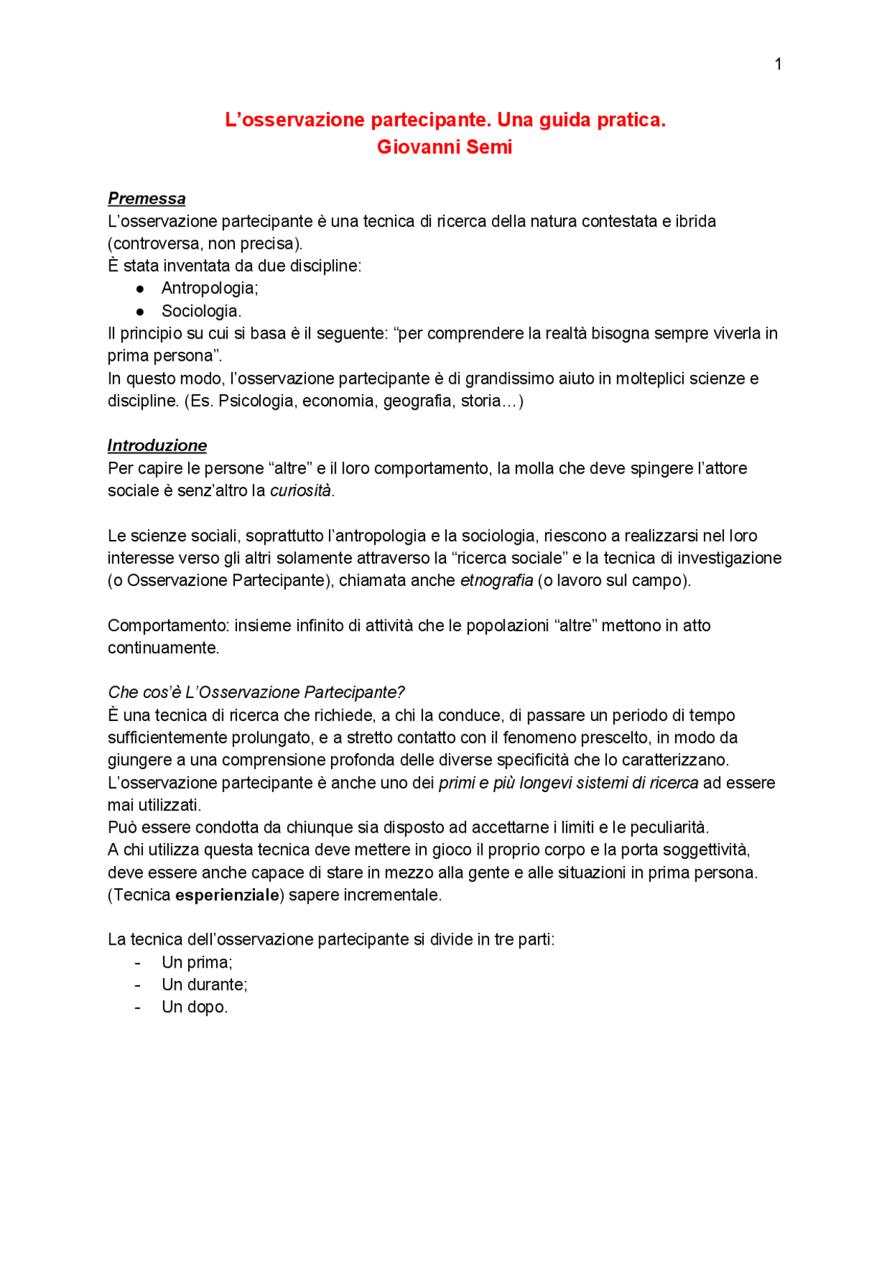 Osservazione Partecipante Di G Semi Docsity