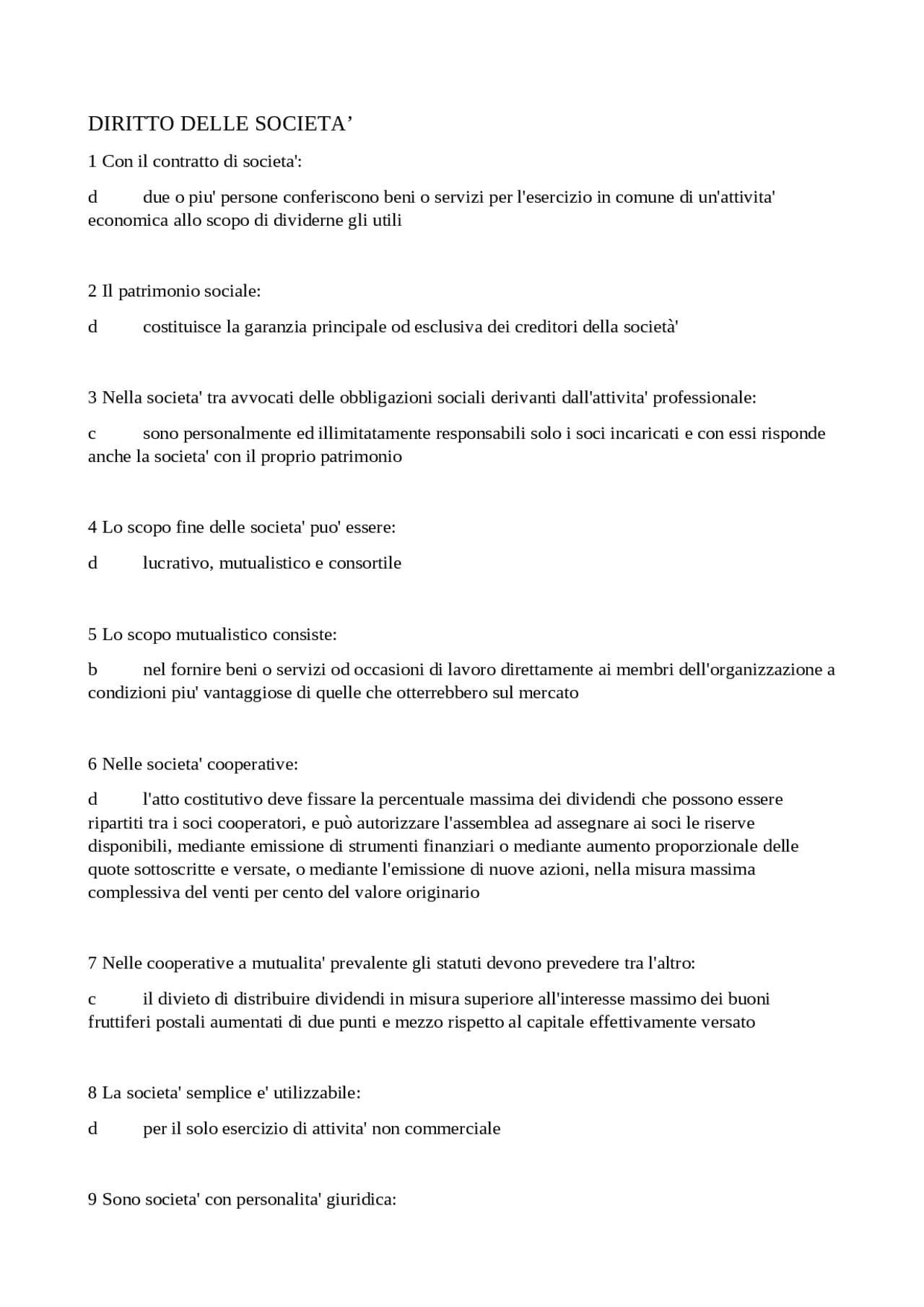Diritto Delle Societa Pegaso Prove Desame Di Diritto Delle Società