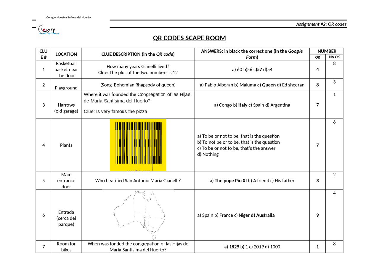 QR CODES SCAPE ROOMQR CODE OF THE LOCK PASSWO - Docsity