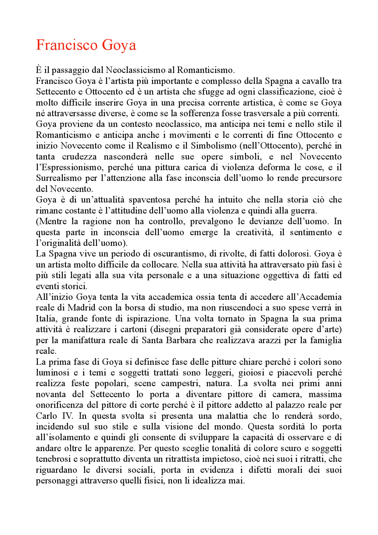 Francisco Goya Vita E Opere Docsity