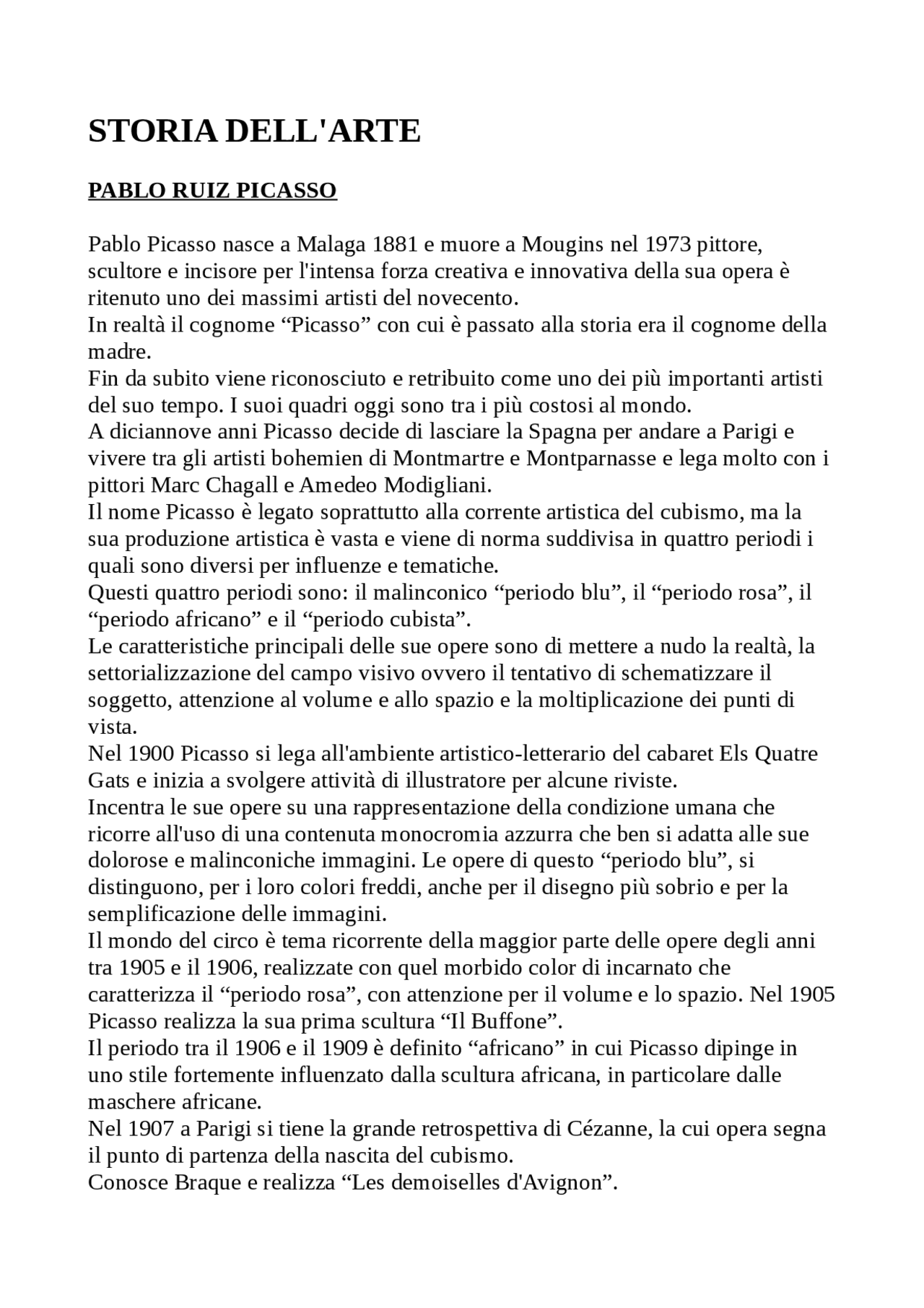 Picasso Vita E Opere Docsity