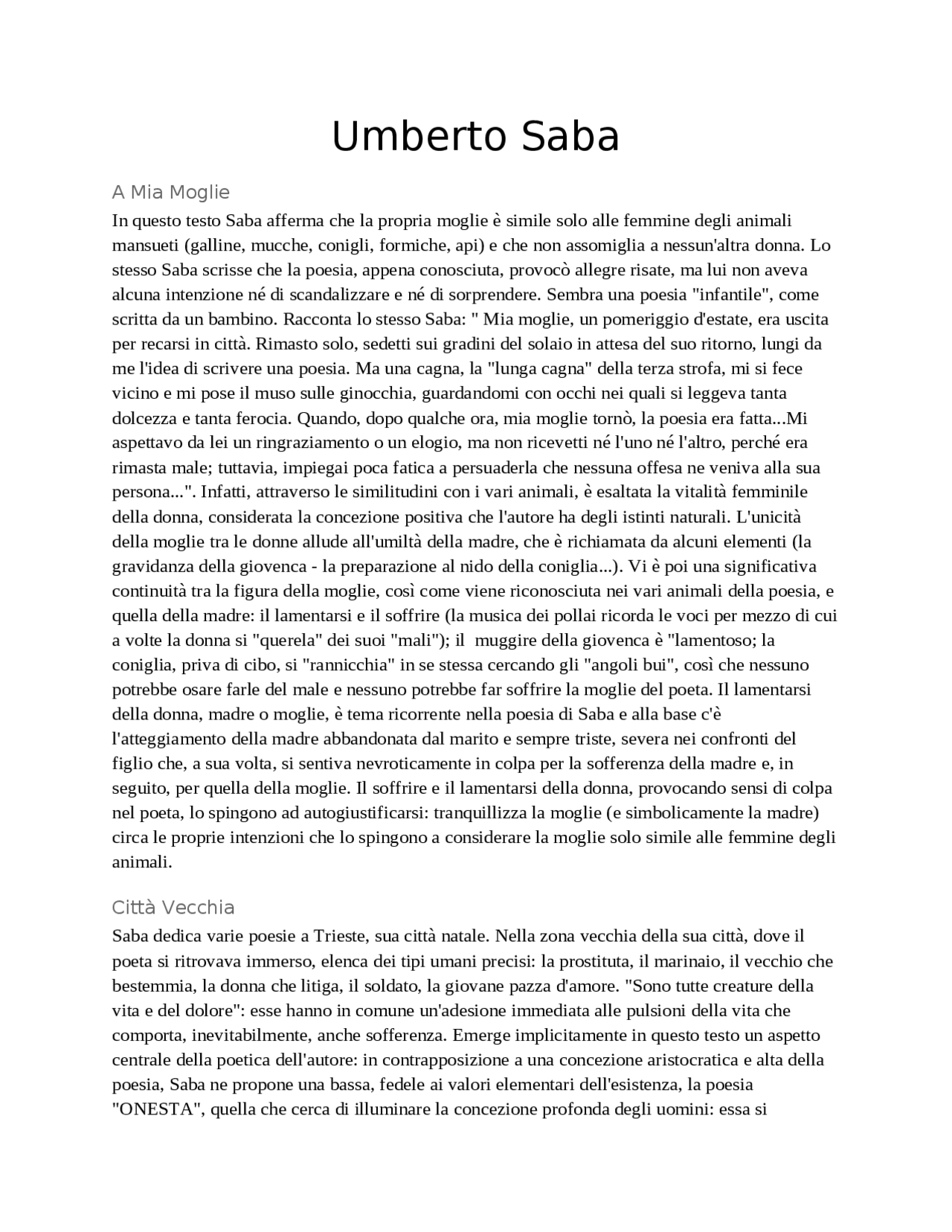 Umberto Saba Poesie Docsity
