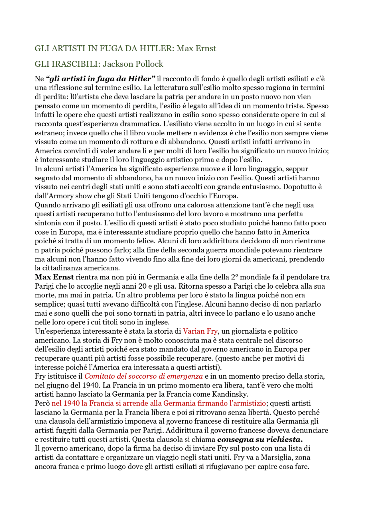 Artisti in fuga da Hitler: Ernst e Pollock - Docsity