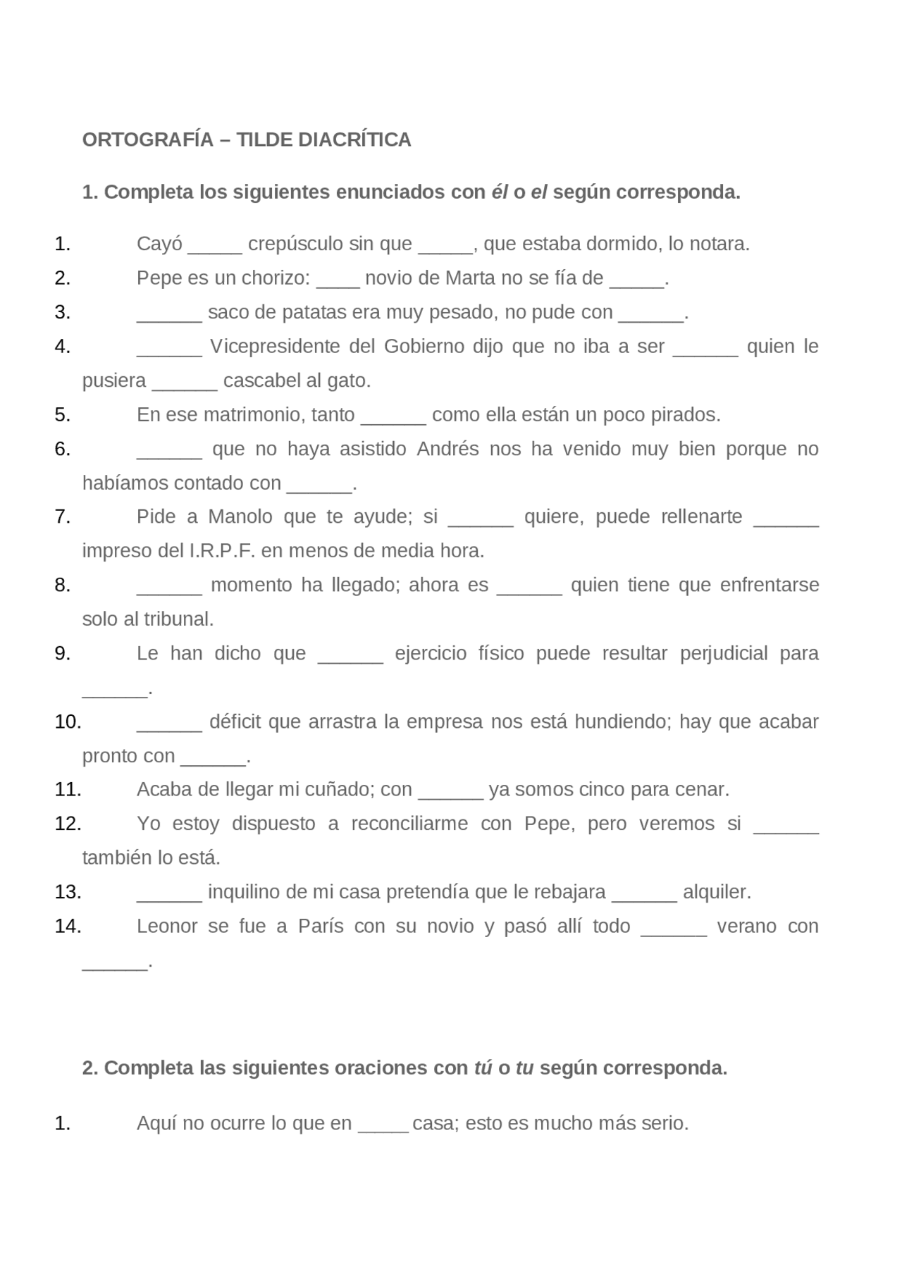 La ortografía de la tilde | Ejercicios de Lengua y Literatura | Docsity