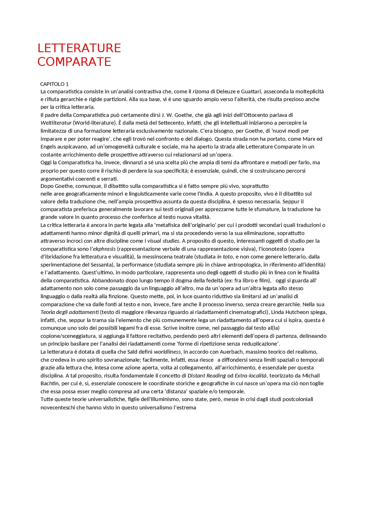 Riassunto Della Prima Metà Del Libro Letterature Comparate De