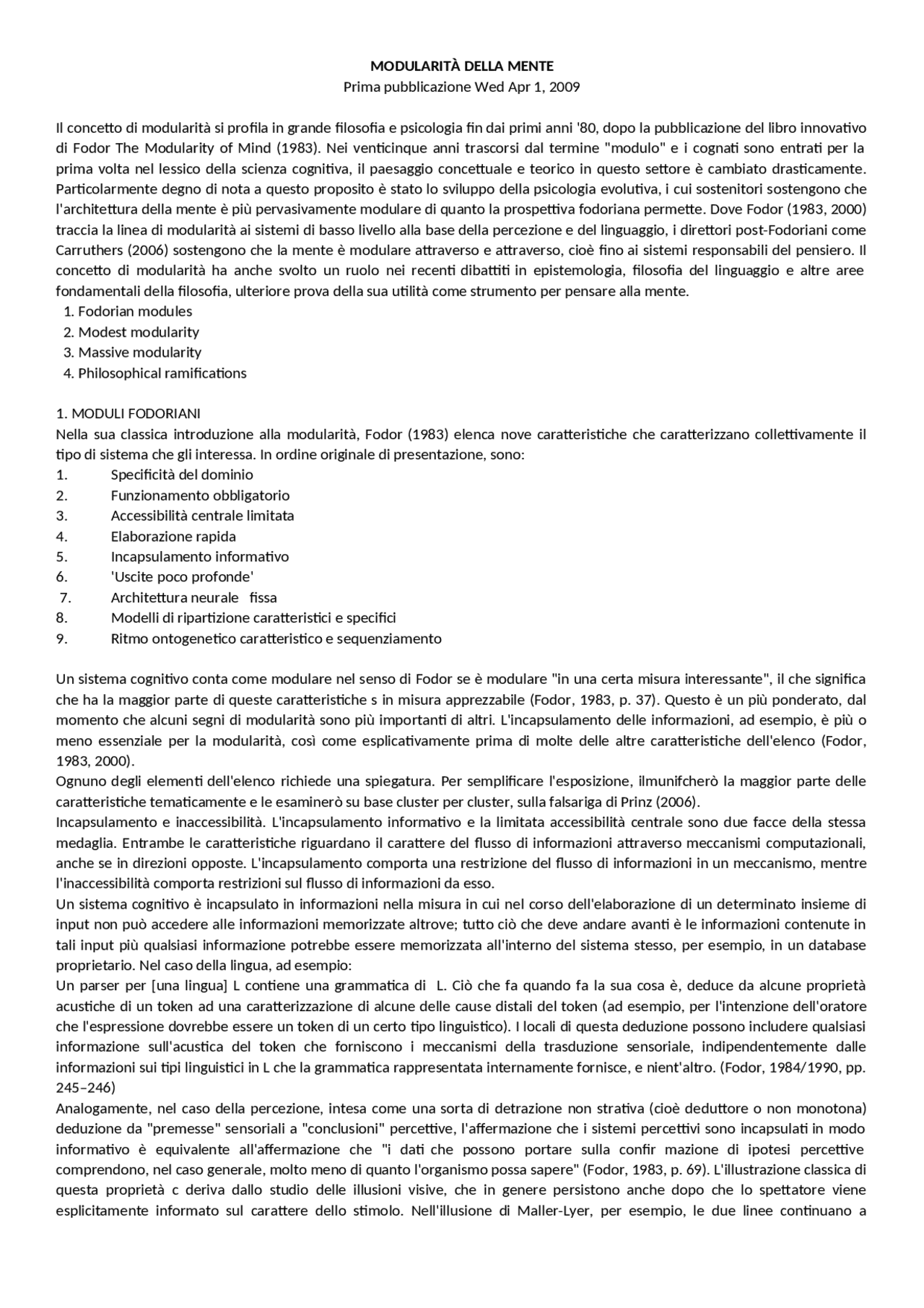 Articolo: modularity of mind (Stanford Encyclopedia of Philosophy ...