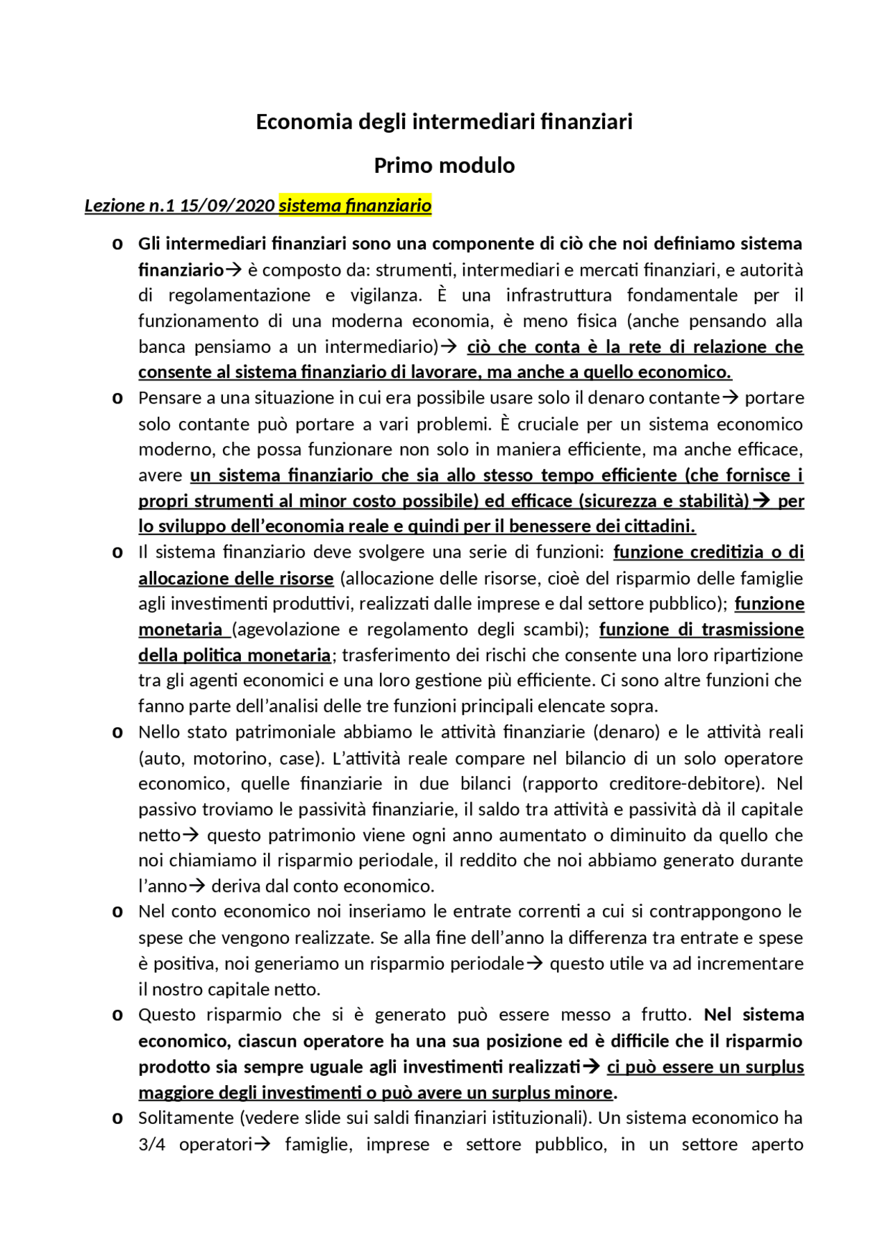 Economia Degli Intermediari Finanziari Primo Modulo Docsity
