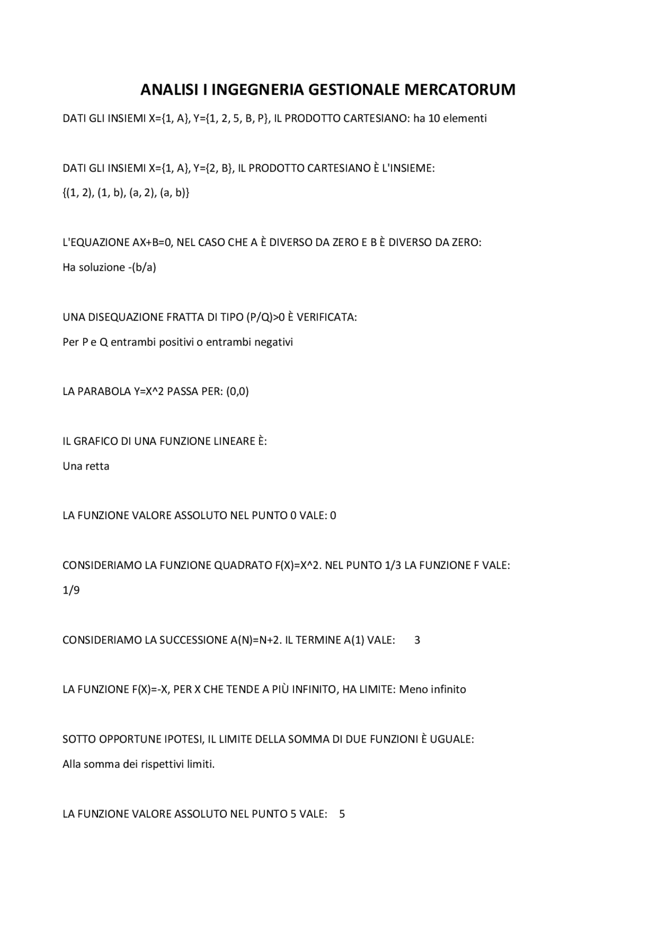 Analisi I Uno Ingegneria Gestionale Mercatorum Triennale Prove D