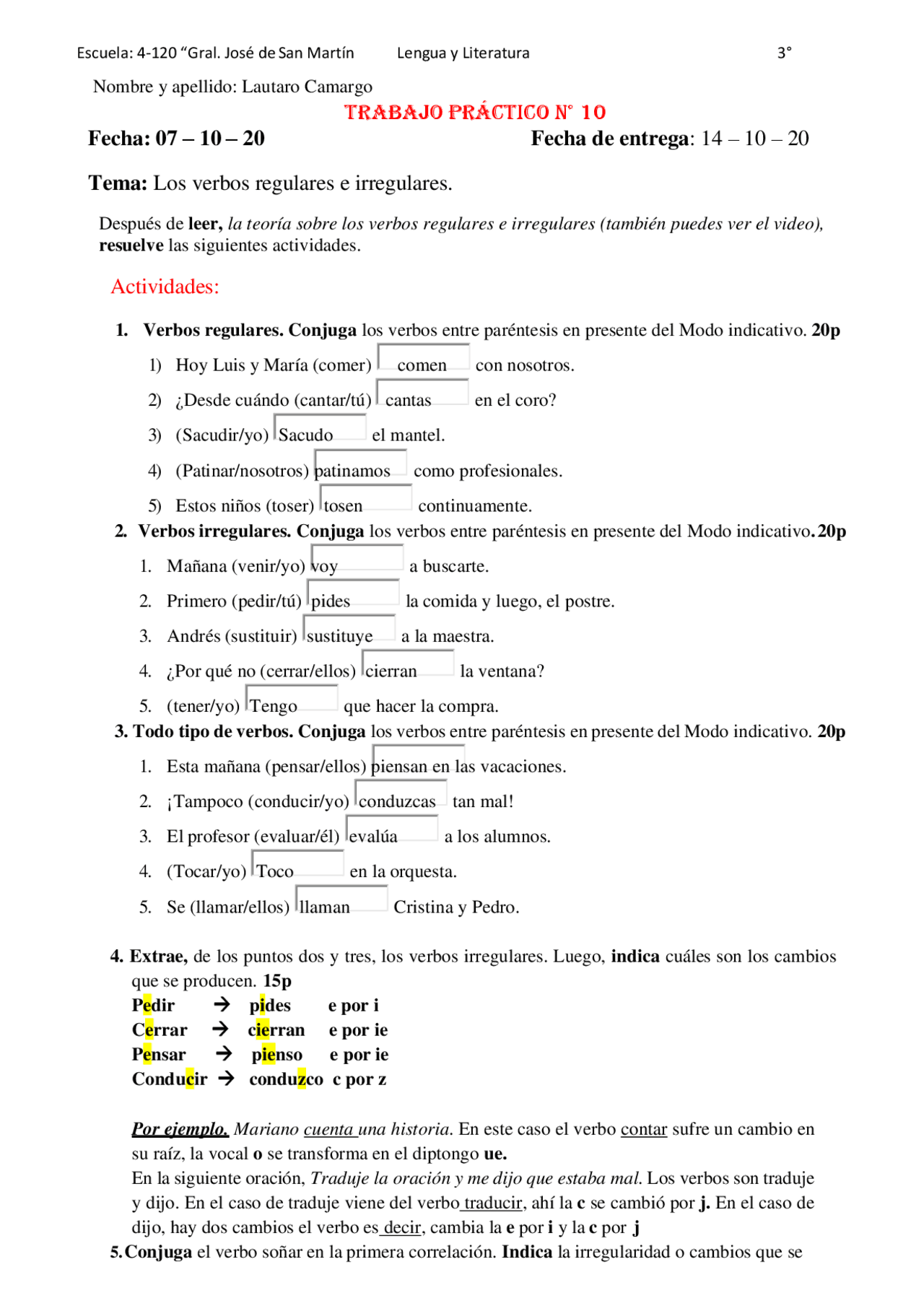 Prácticas de conjugación de verbos regulares y irregulares | Apuntes de ...