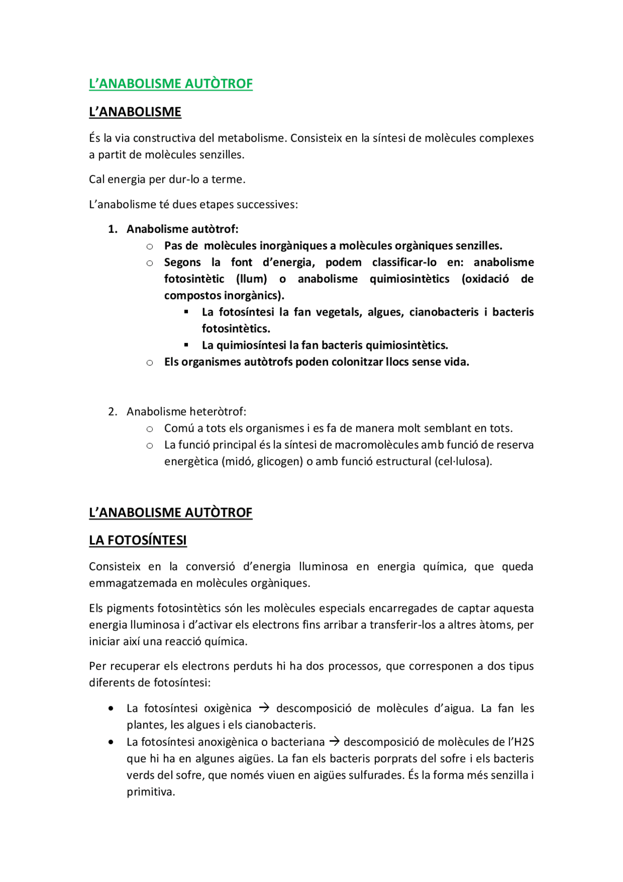 Resum Anabolisme Autòtrof Biologia Selectivitat Docsity