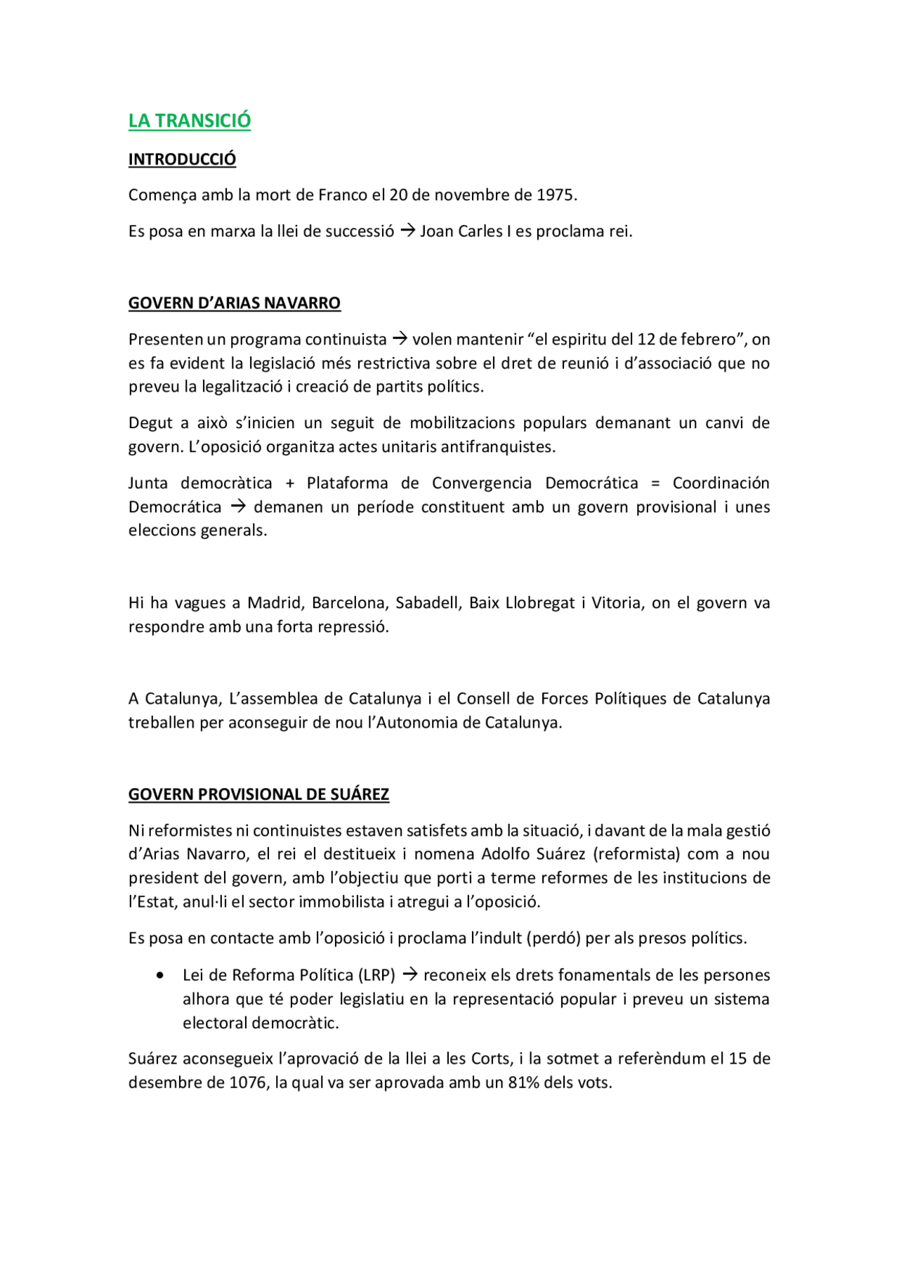 Resum Transició Història Selectivitat Docsity