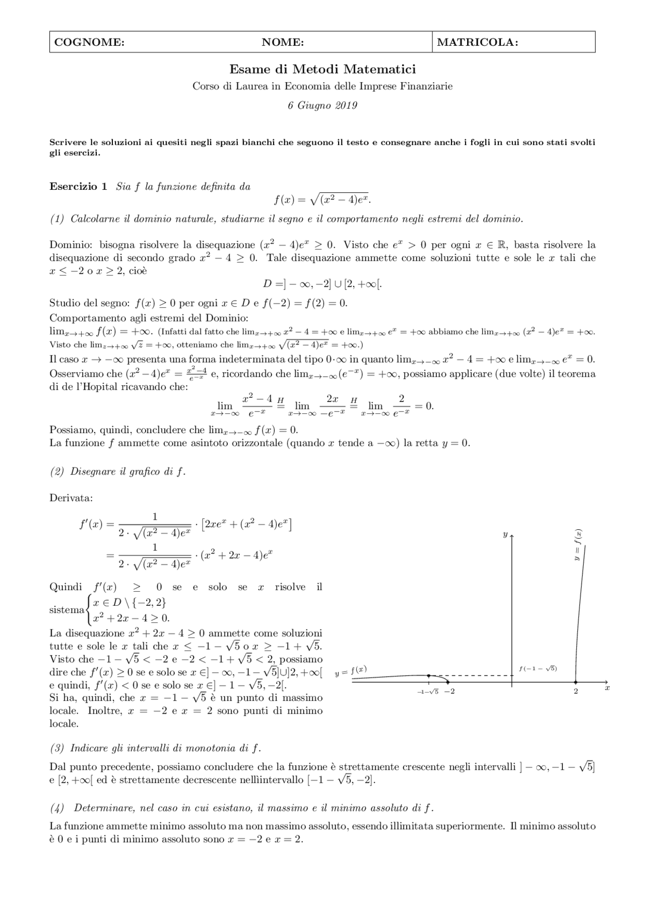 ESERCITAZIONE 2 metodi matematici - Docsity