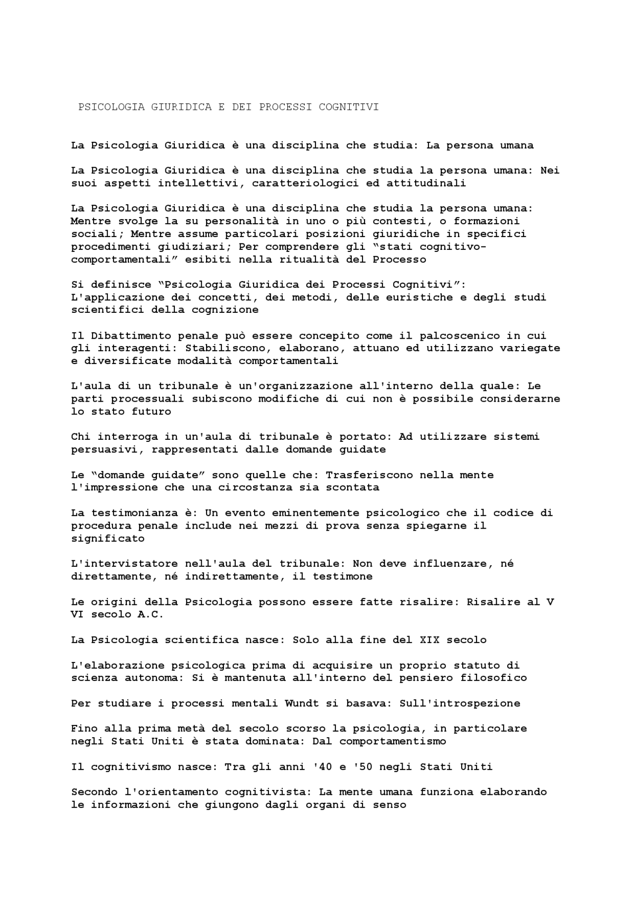 Psicologia giuridica dei processi cognitivi - Docsity