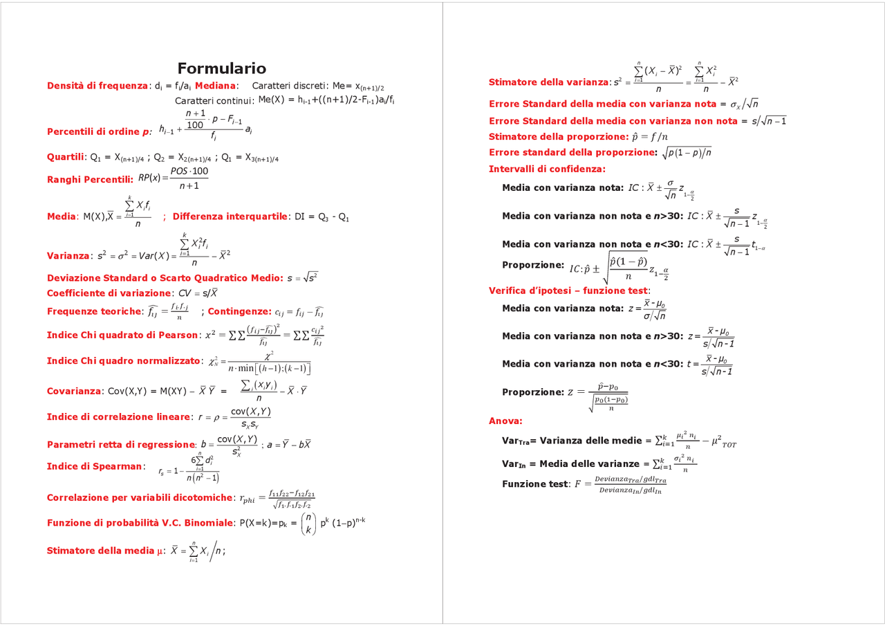 Formulario Statistica Psicometrica Docsity