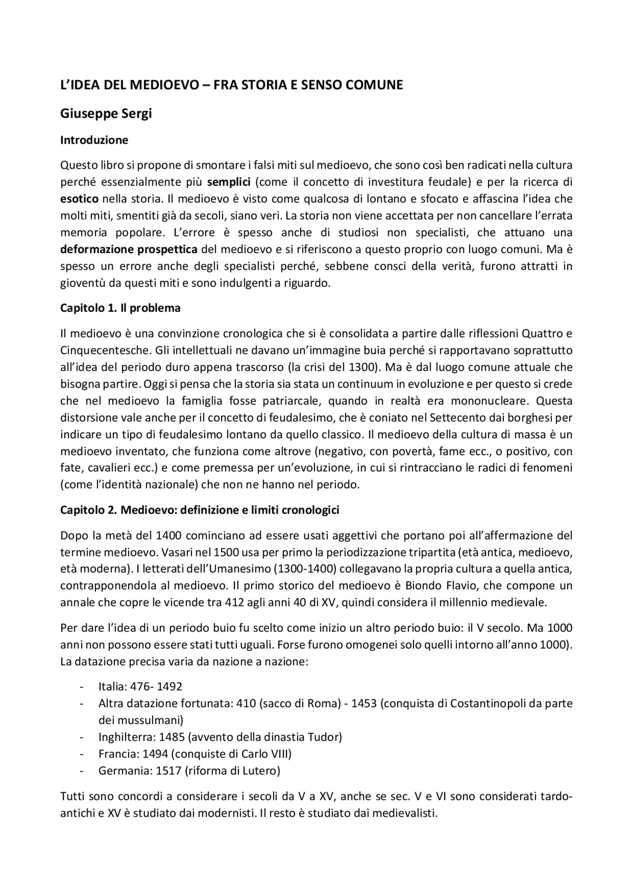 Lidea Del Medioevo Fra Storia E Senso Comune Giuseppe Sergi Docsity