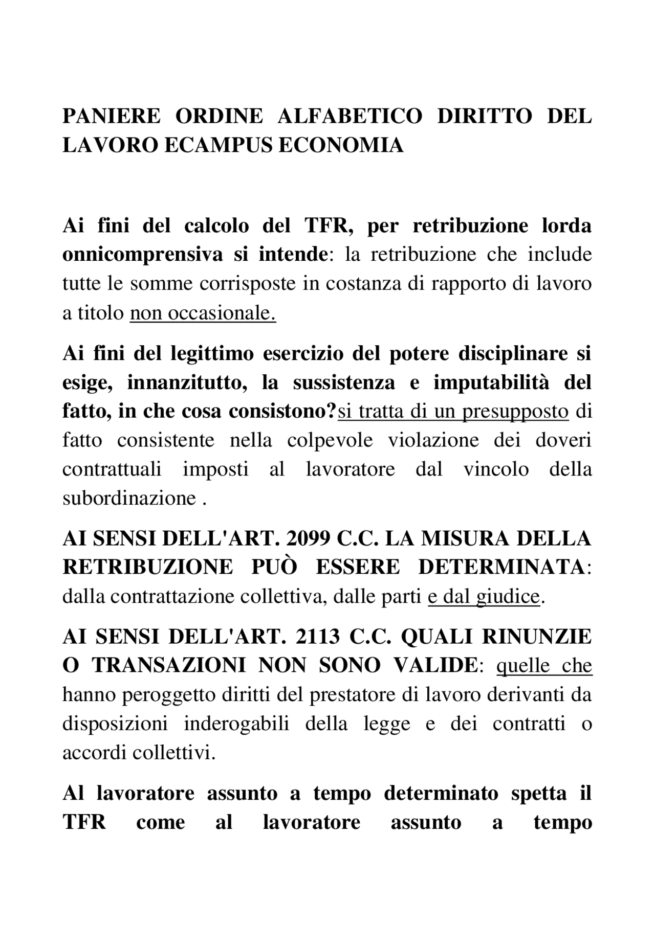 Paniere Chiuse Multiple Diritto Del Lavoro Docsity