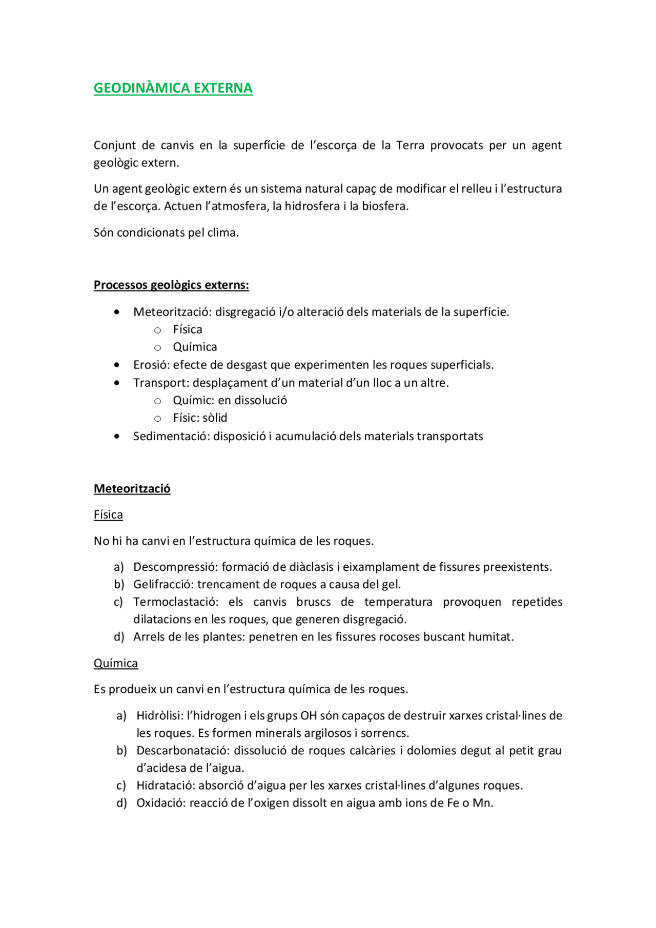 Resum Geodinàmica Externa Ctma Selectivitat Docsity