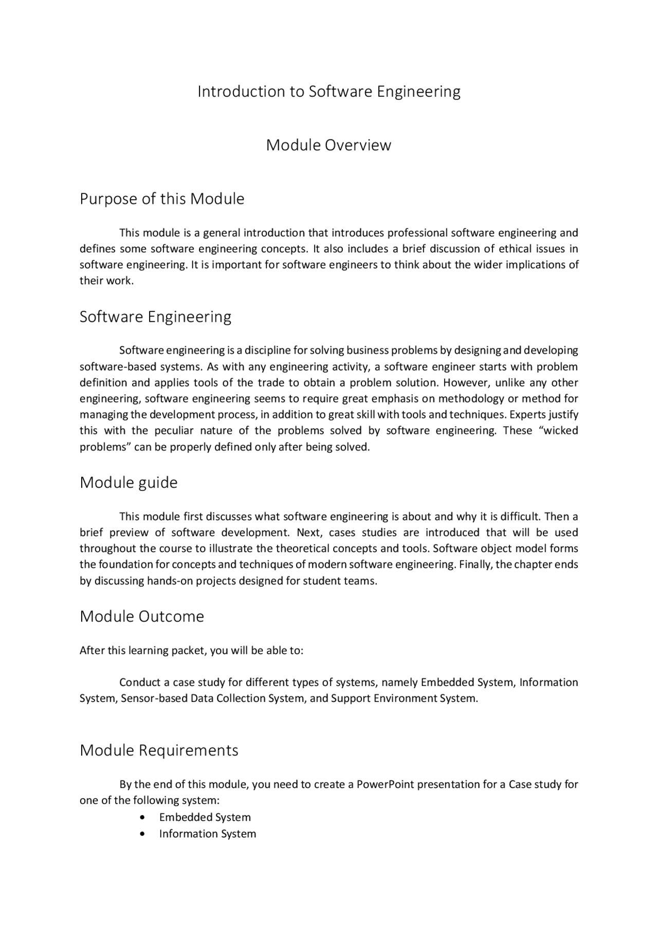 Introduction To Software Engineering Module Overview Purpose Of This M