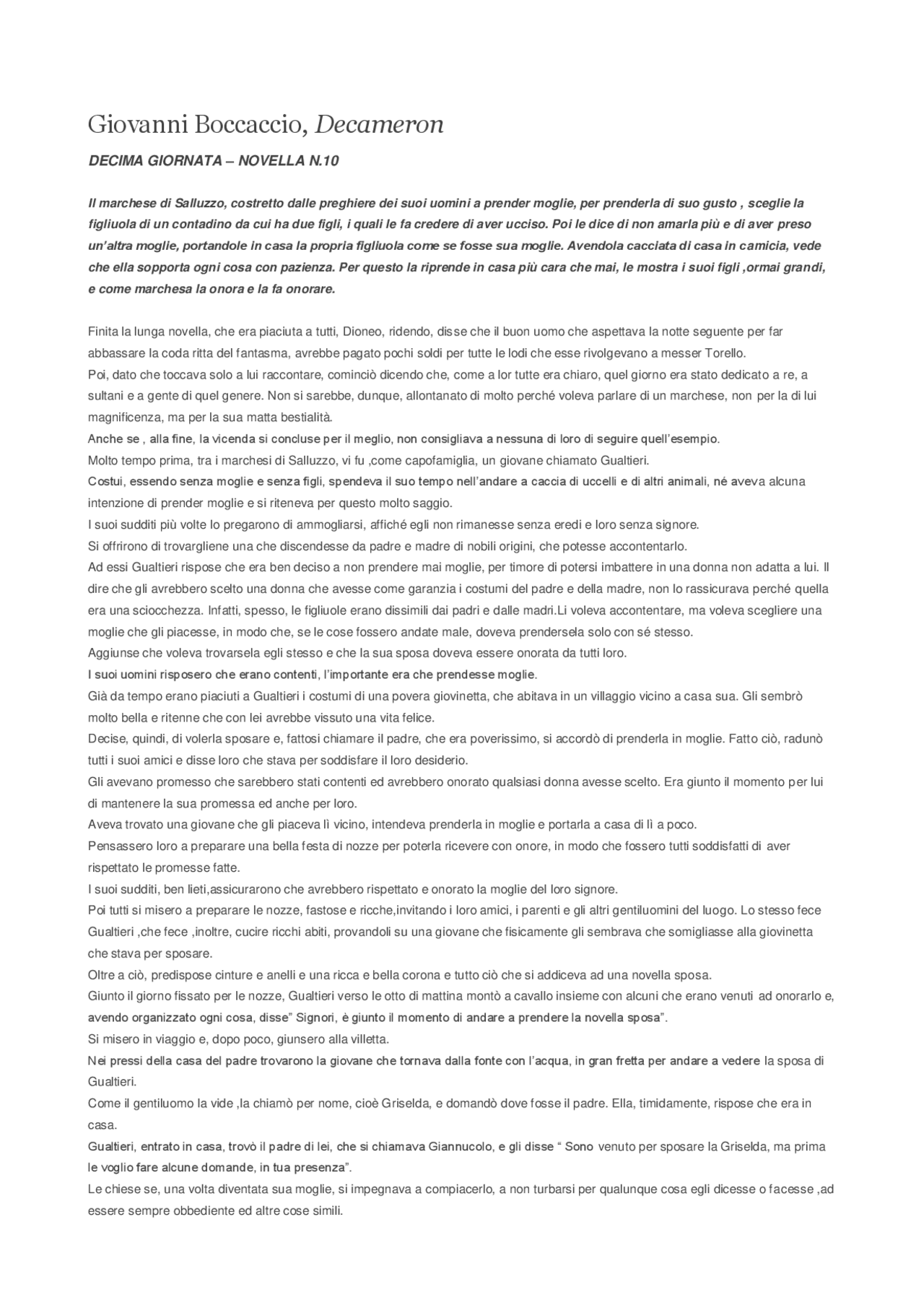 Giovanni Boccaccio, Decameron, X, 10 - Docsity