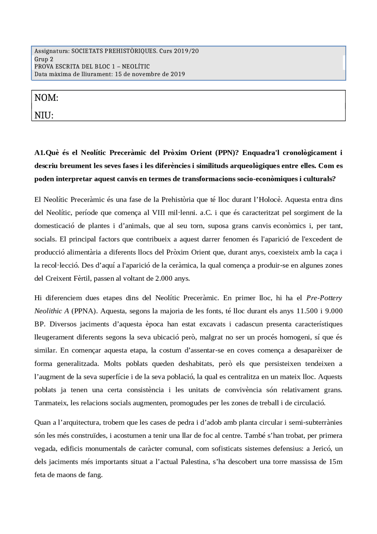 Examen Societats Prehistòriques Docsity