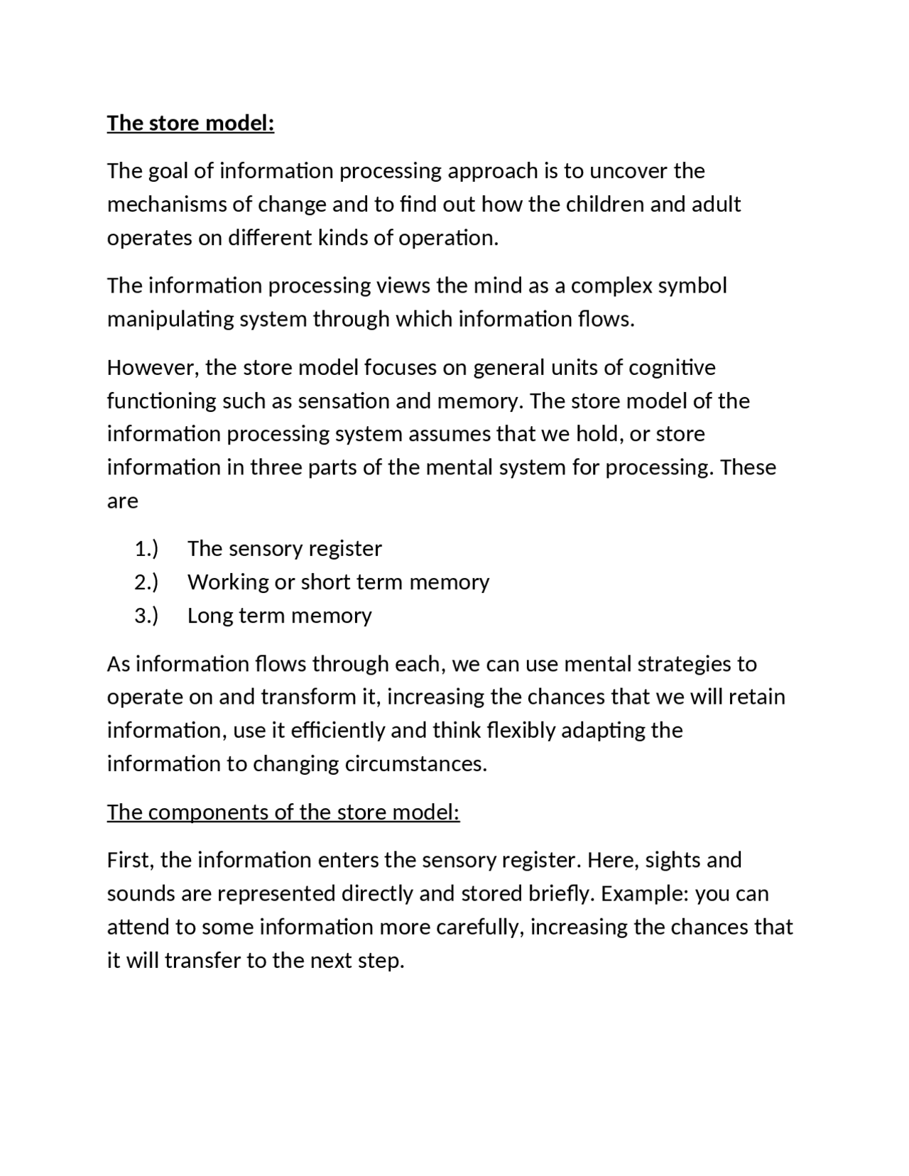 Theories, explanation of the the store model - Docsity