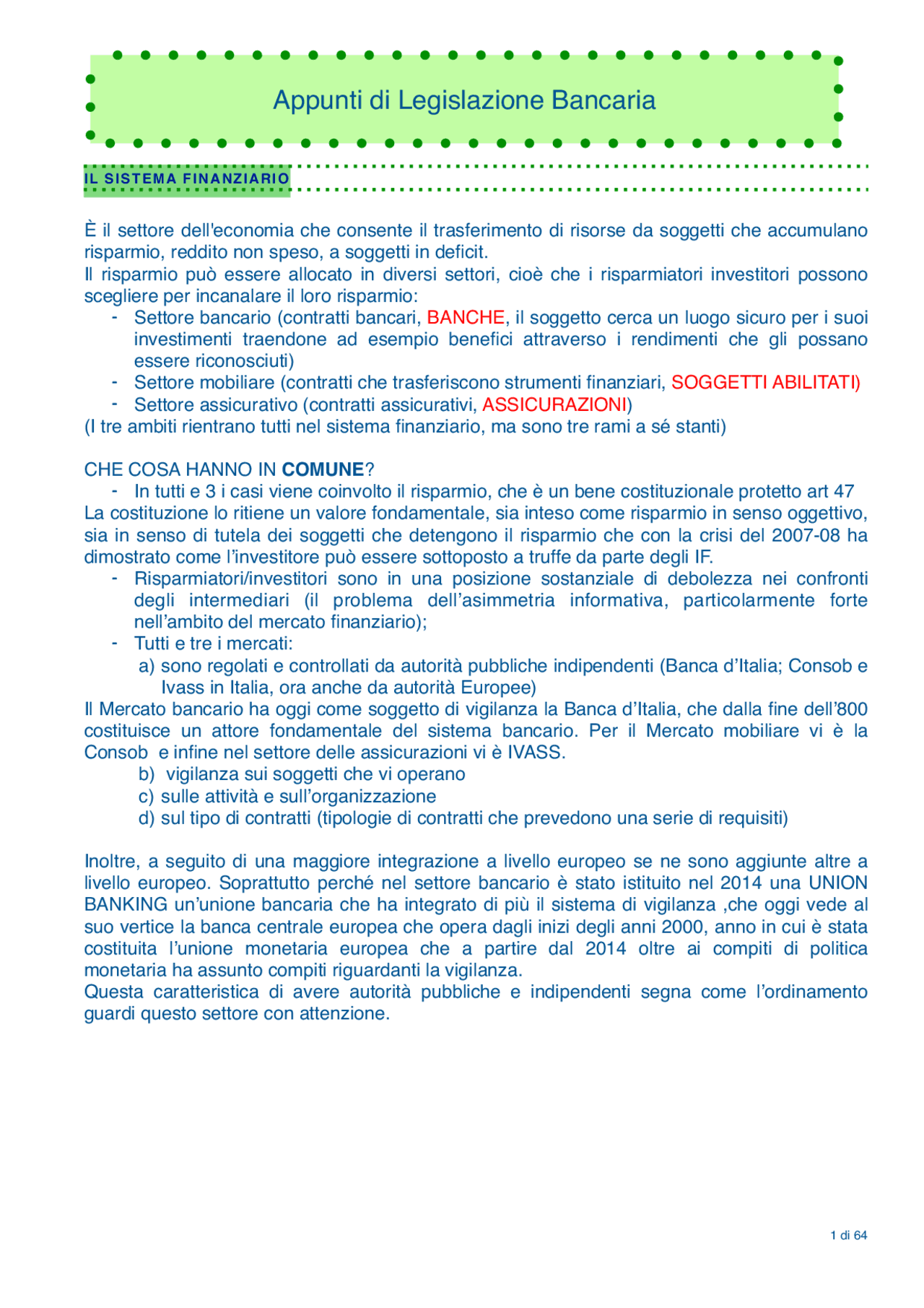 Appunti Di Legislazione Bancaria Ecoban Docsity