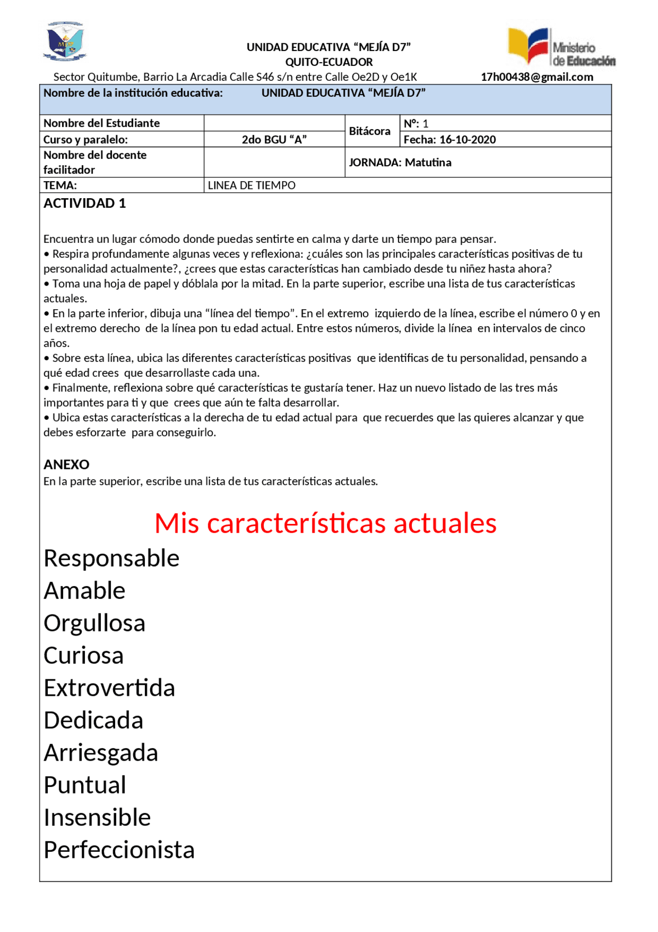 Bitácora, la hoja de del trabajo número uno - Docsity