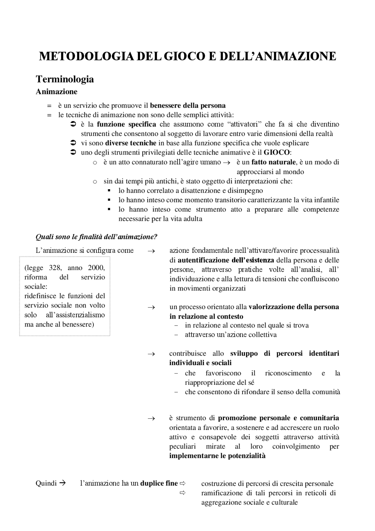 Schemi Di Metodologia Del Gioco E Dellanimazione Sintesi Del Corso