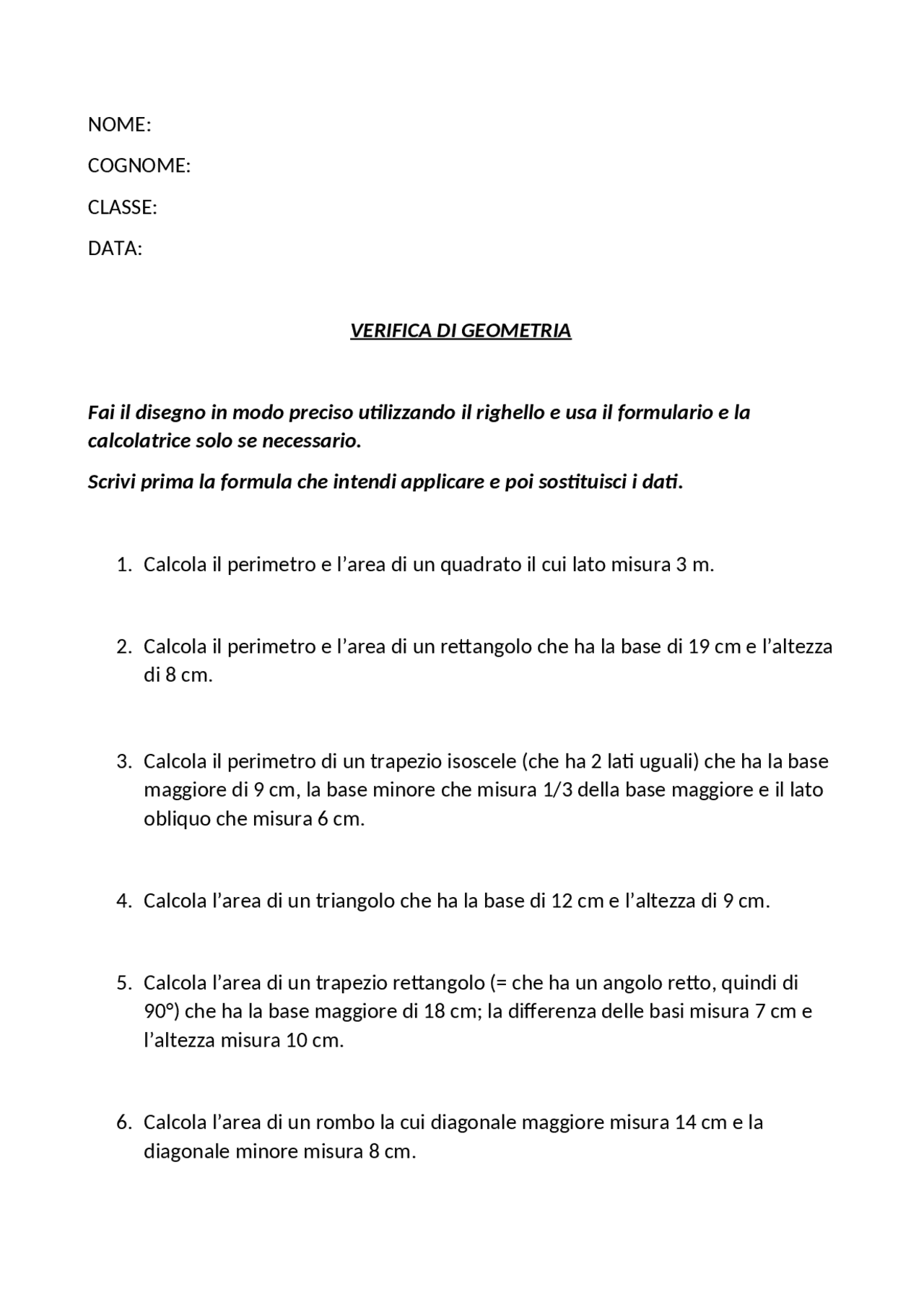 Verifica geometria scuola elementare o media - Docsity