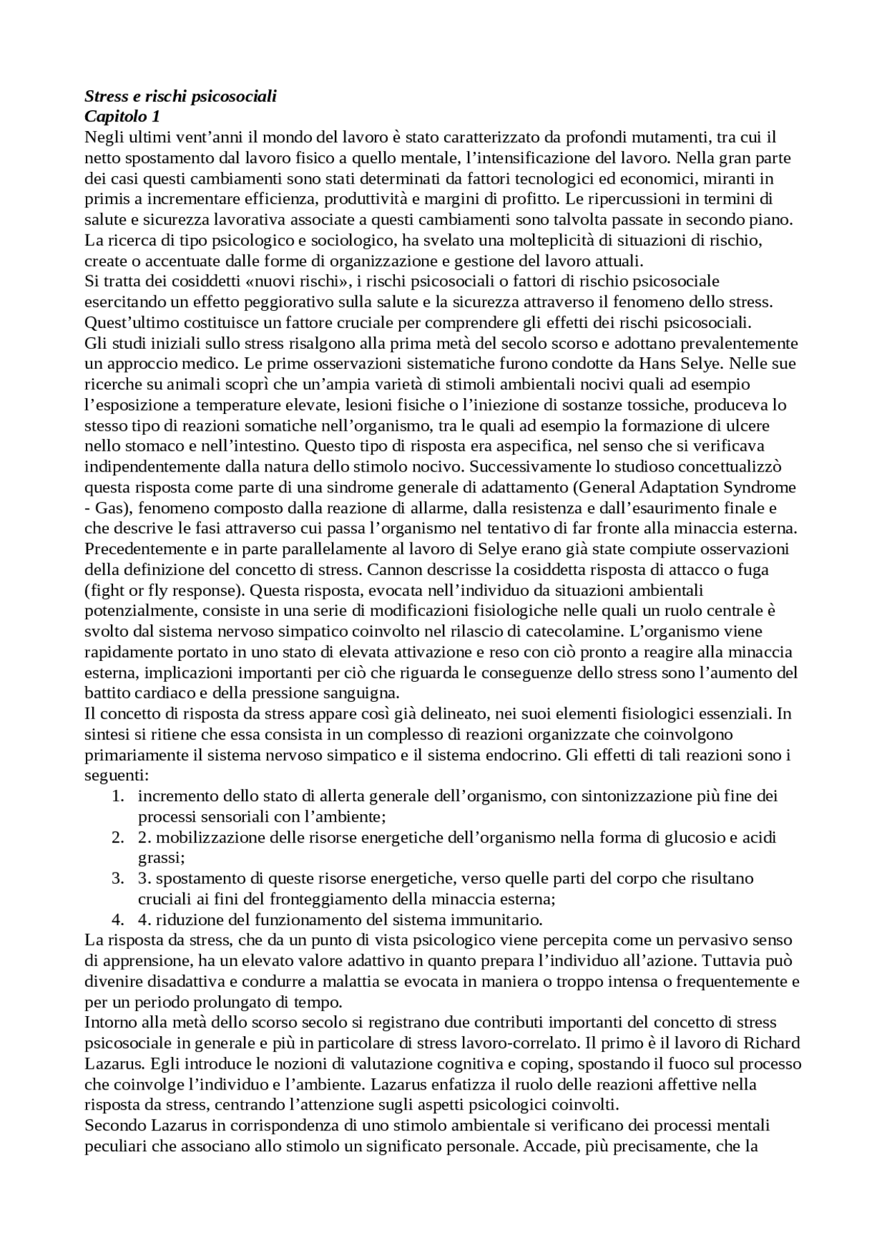 Riassunto Stress e rischi psicosociali - Docsity