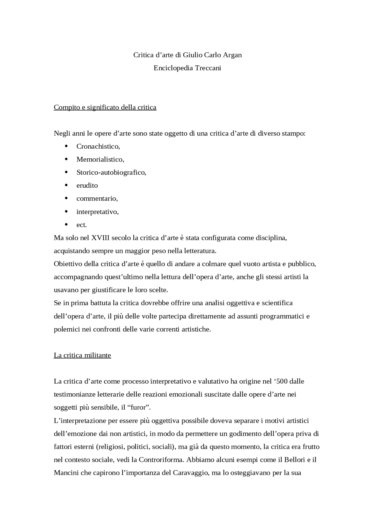 La Critica Darte Argan Docsity