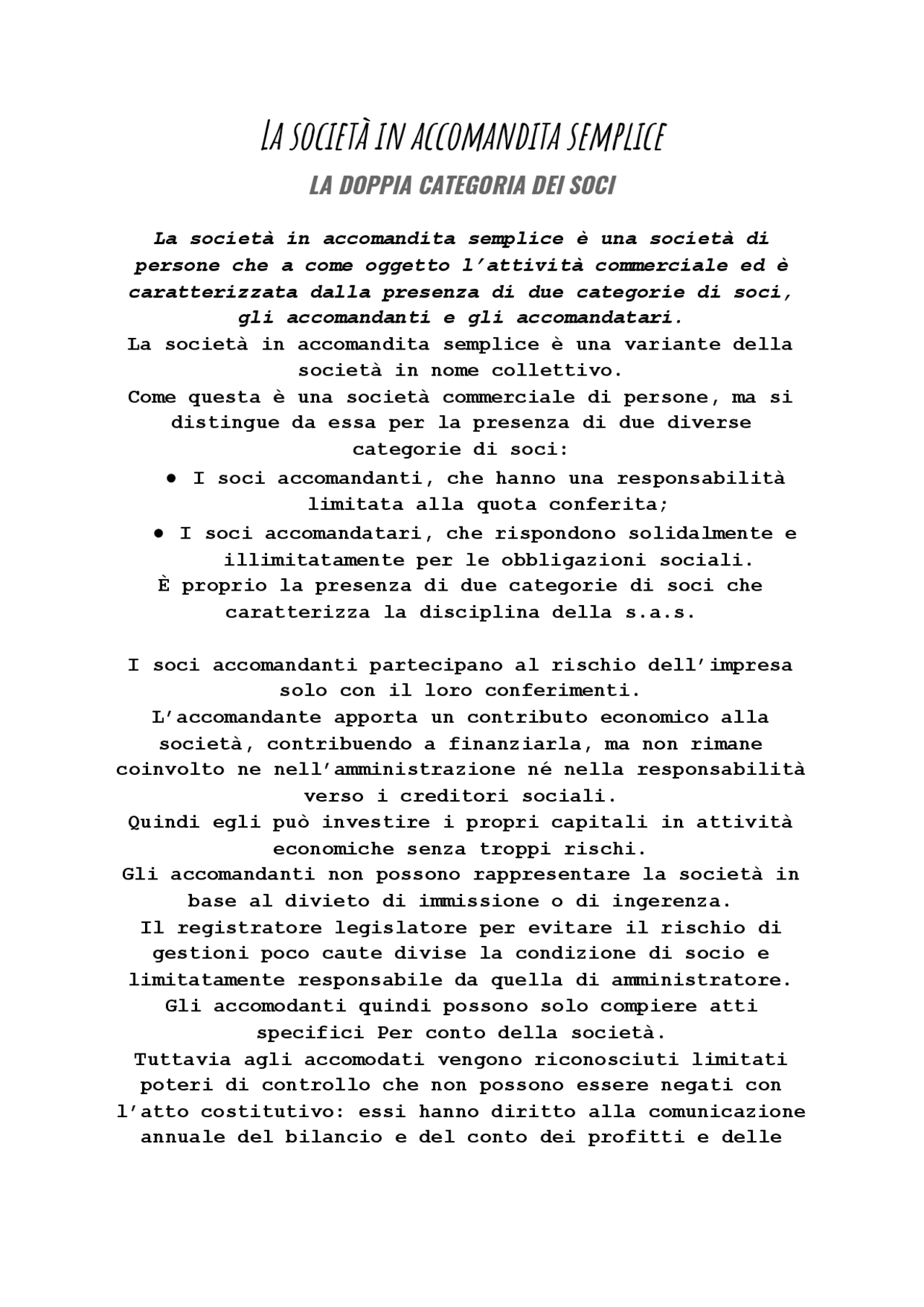 La Società In Accomandita Semplice Docsity