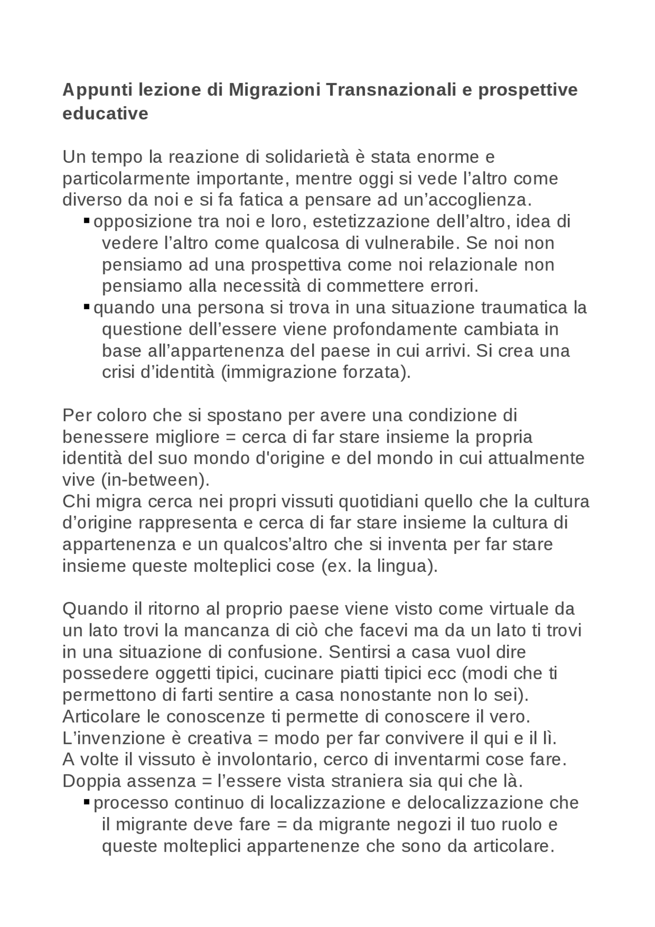 Appunti Di Migrazioni Transnazionali Docsity
