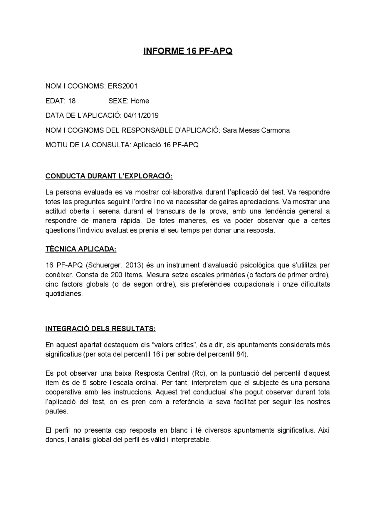 Informe test 16 PF-APQ (UdG) - Docsity