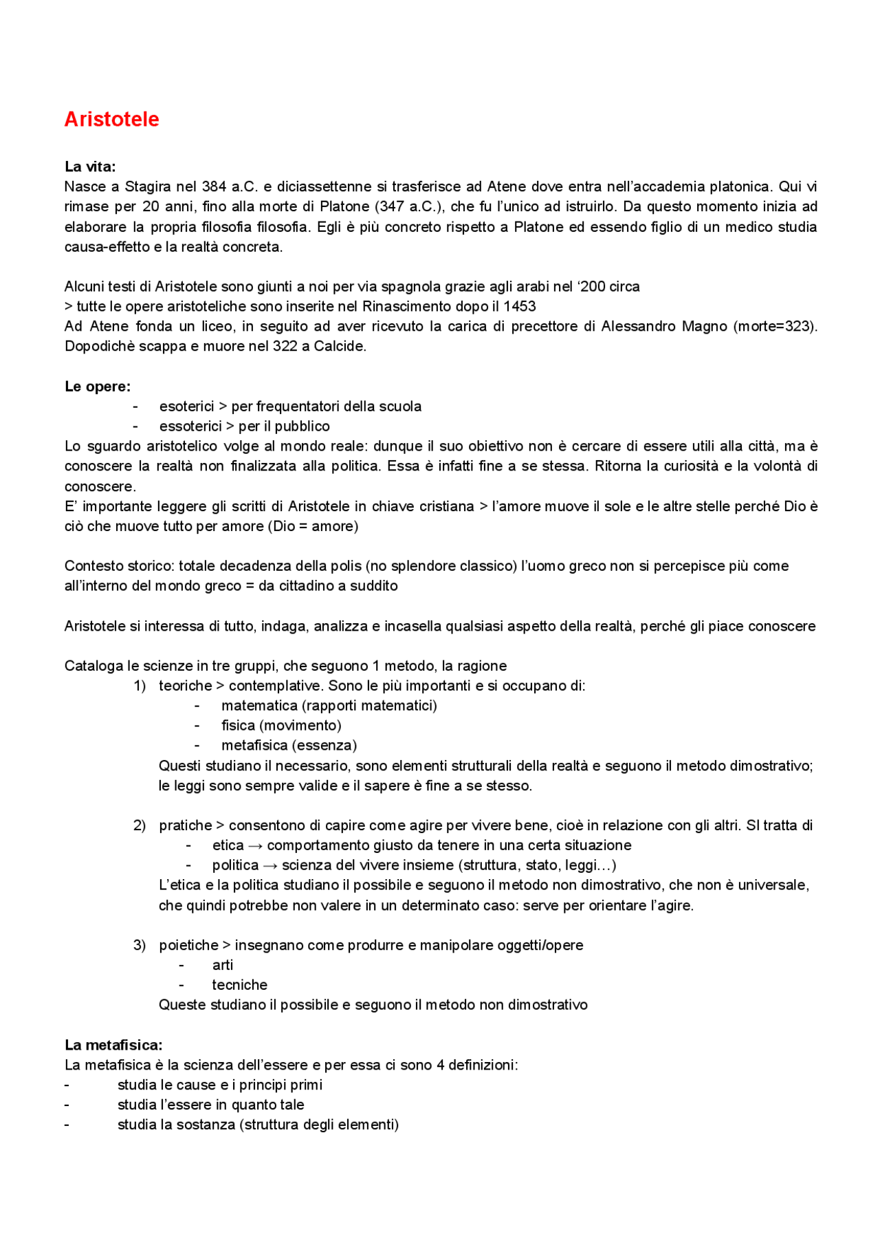 Aristotele Sintesi Docsity