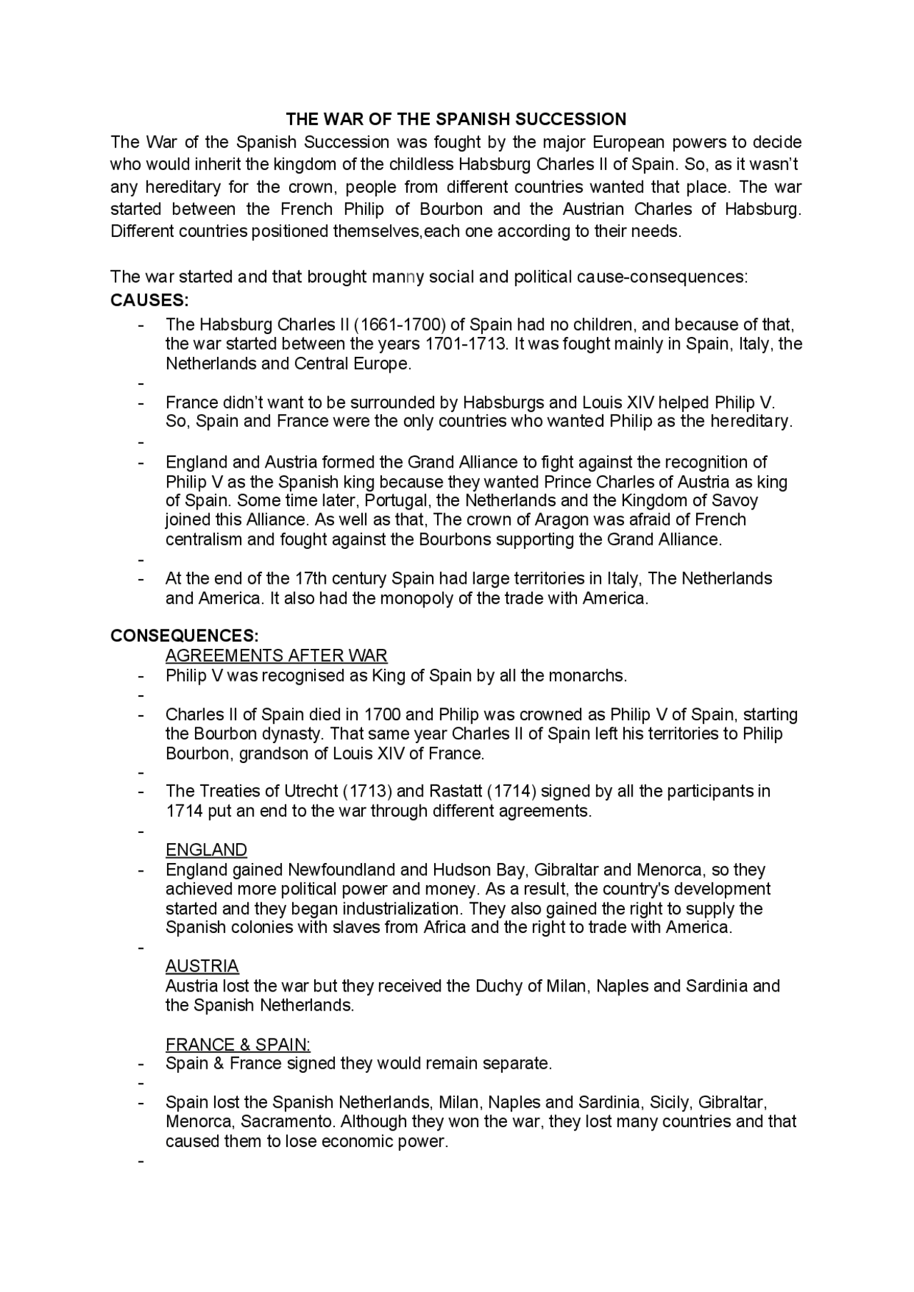 THE WAR OF THE SPANISH SUCCESSION | Apuntes de Historia | Docsity