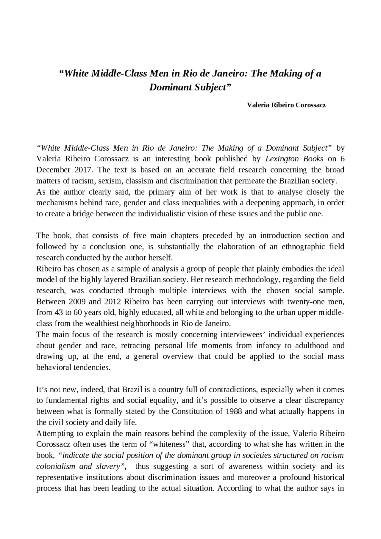 “White Middle-Class Men in Rio de Janeiro: The Making of a Dominant ...