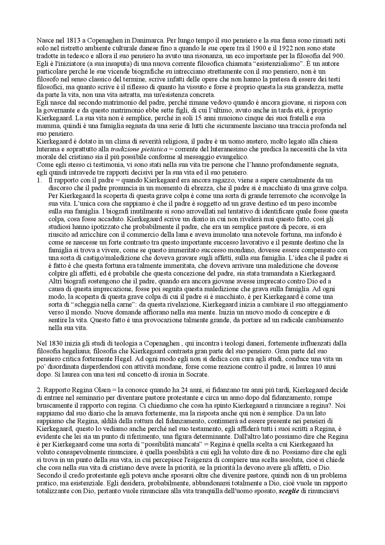 Appunti Kierkegaard Vita E Pensiero Filosofico Docsity