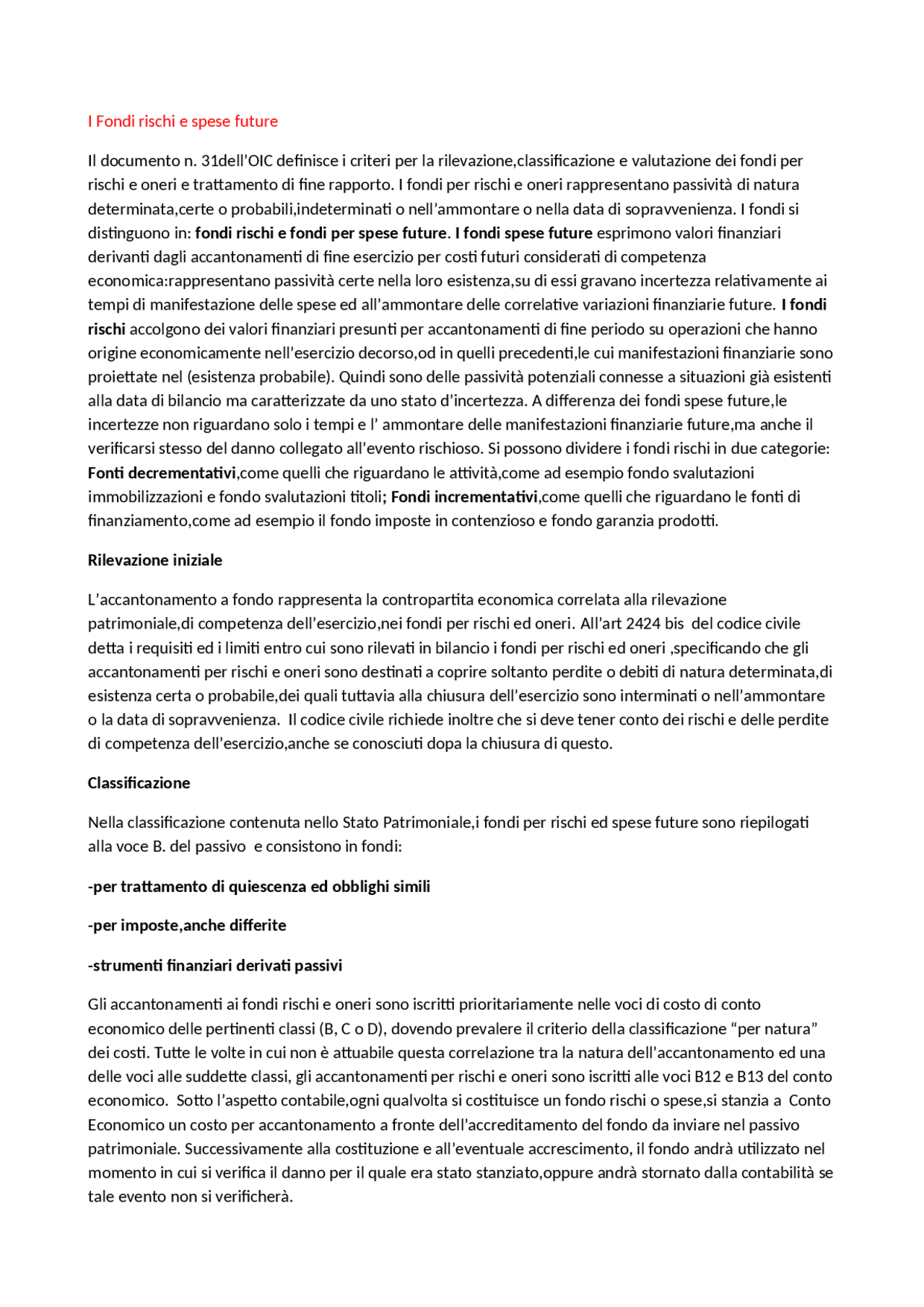 I fondi per rischi ed oneri - Docsity