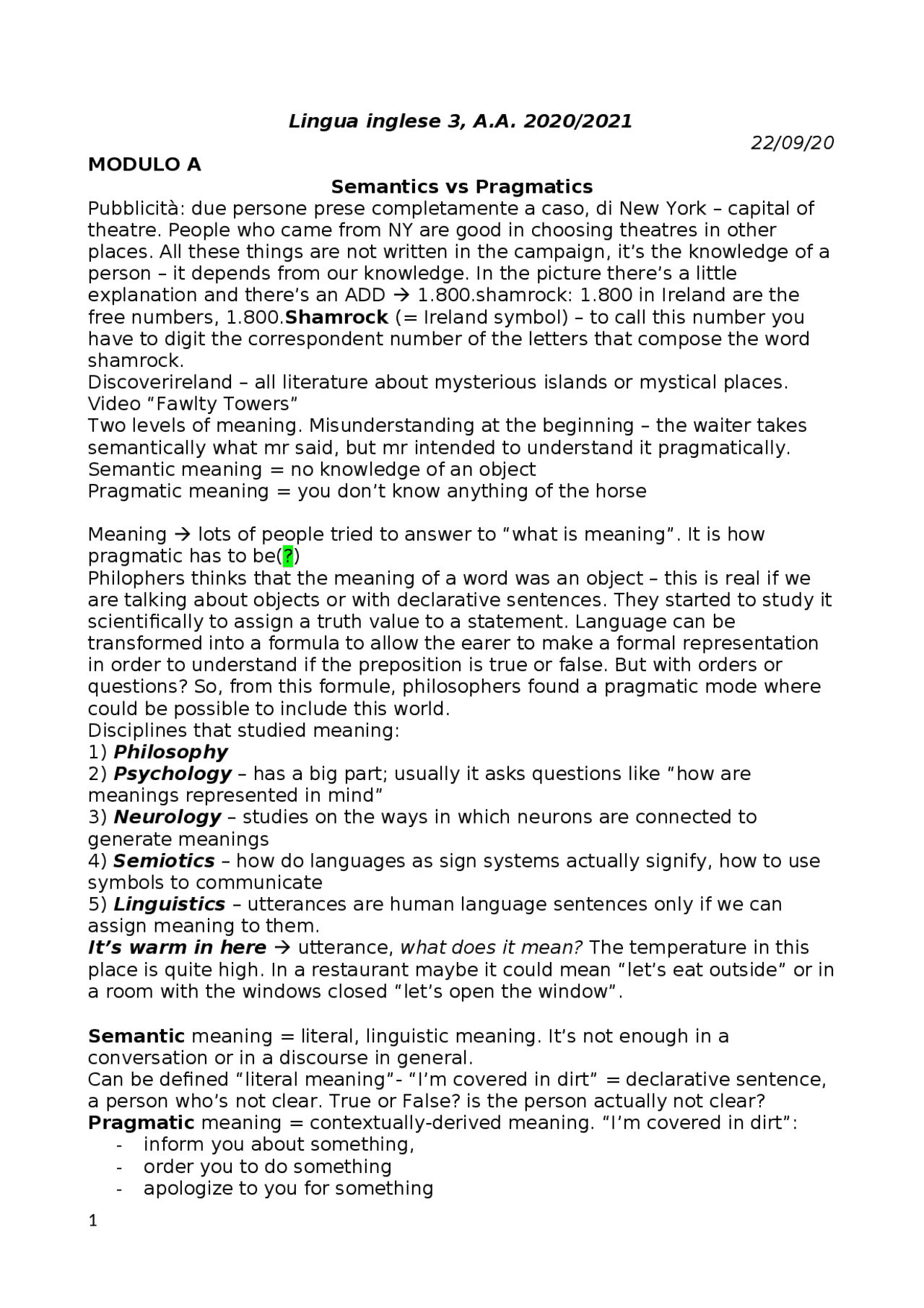Lingua Inglese 3 Modulo A Docsity