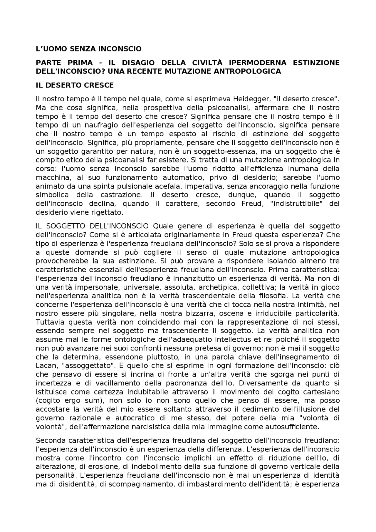 Luomo Senza Inconscio Recalcati Docsity