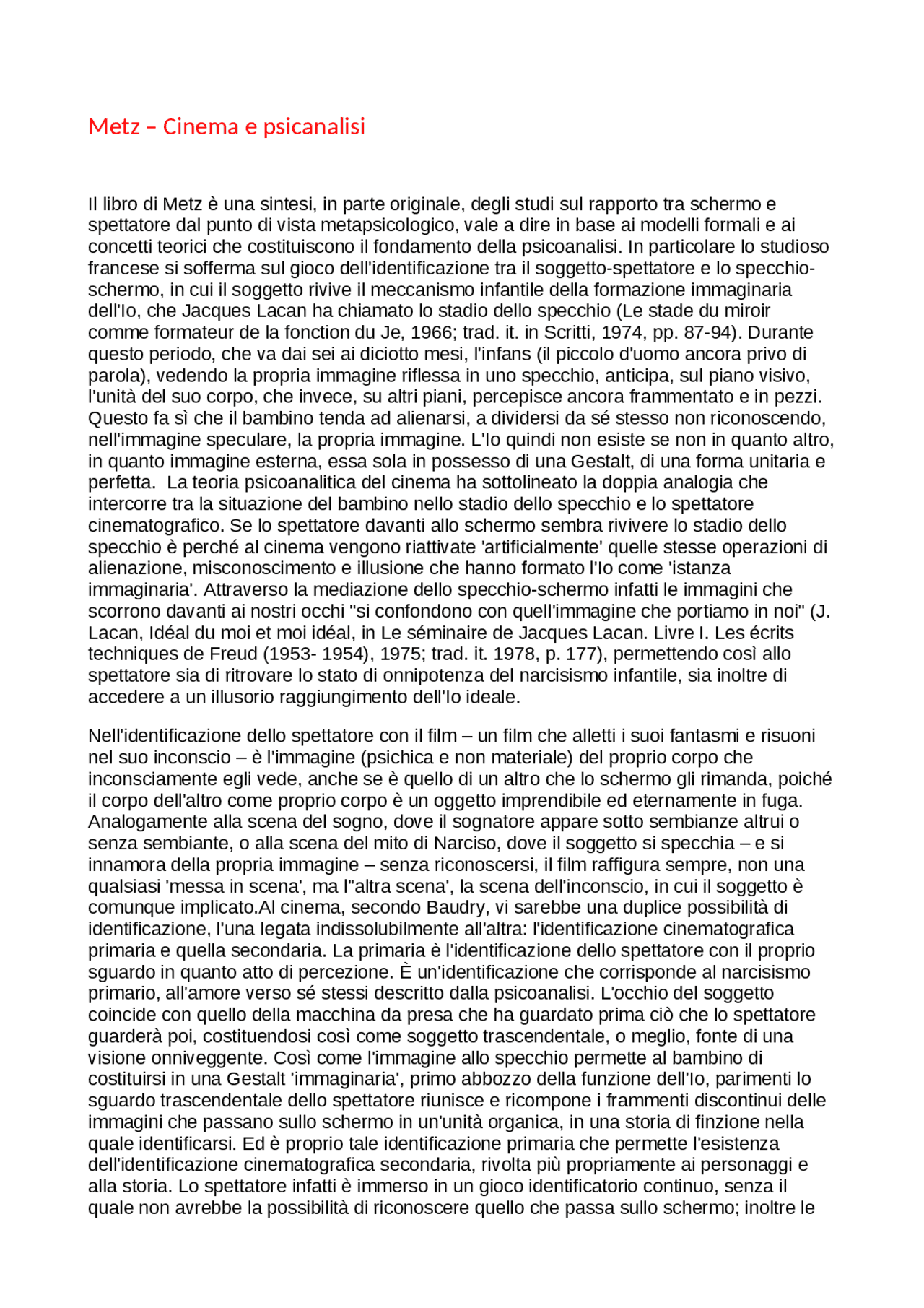 Cinema E Psicanalisi Di C Metz Riassunto Breve Docsity