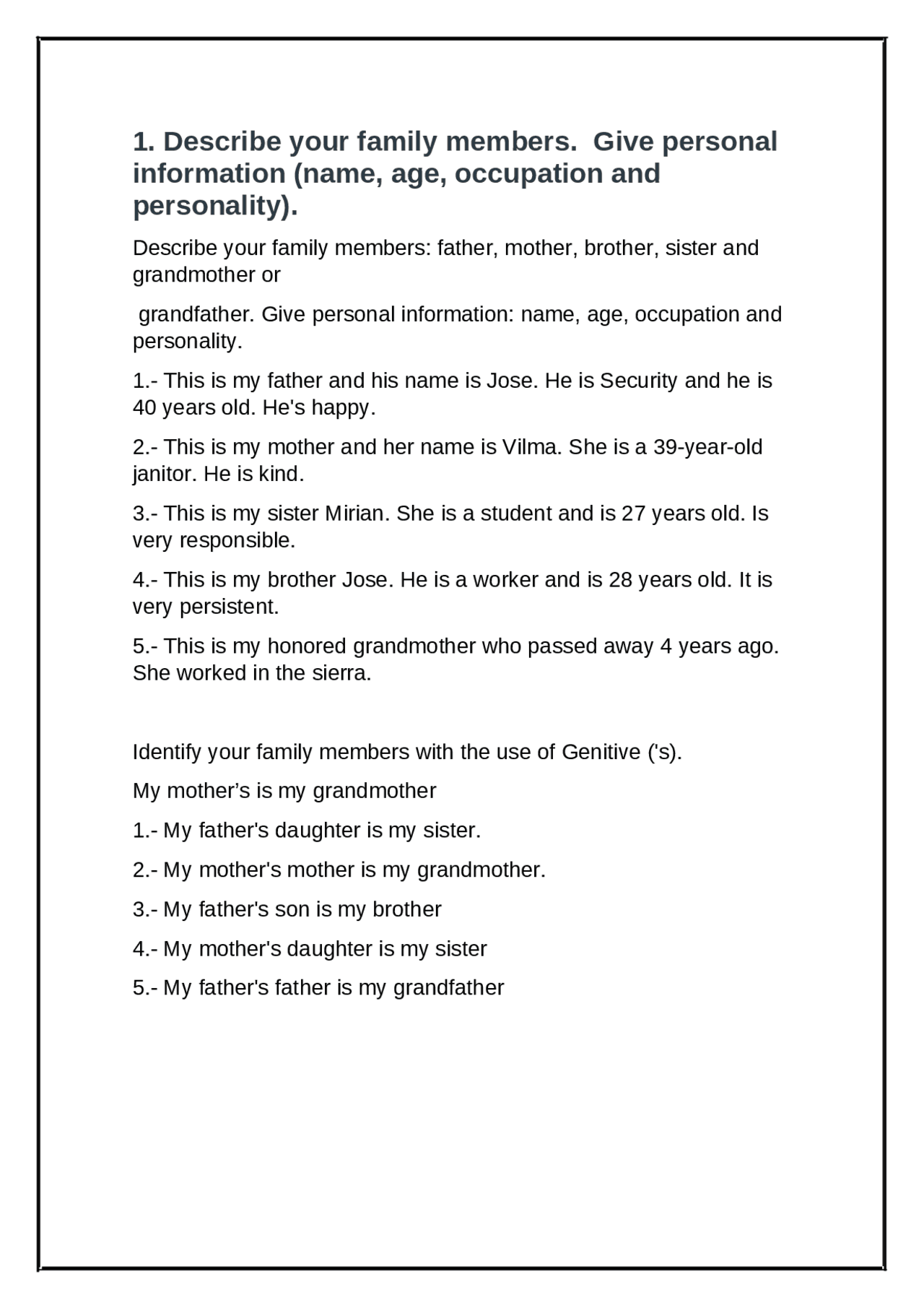 Describe your family members. | Ejercicios de Inglés Técnico | Docsity